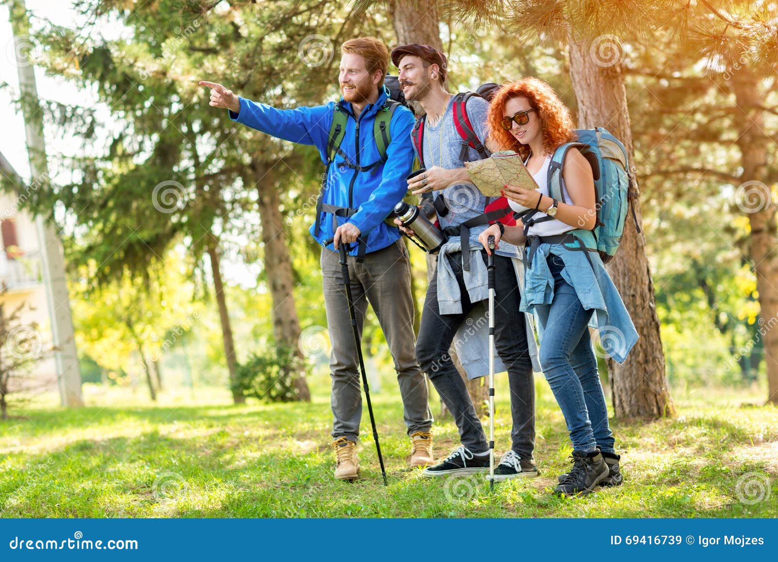 Leader of Hikers Group Show with Finger Way in Forest Stock Image ...