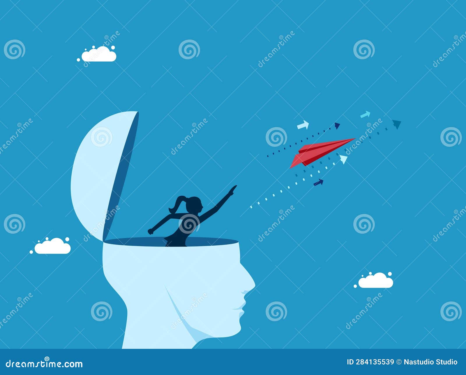 Leader of New Ideas. Woman with Paper Plane Flying Forward Stock Vector ...