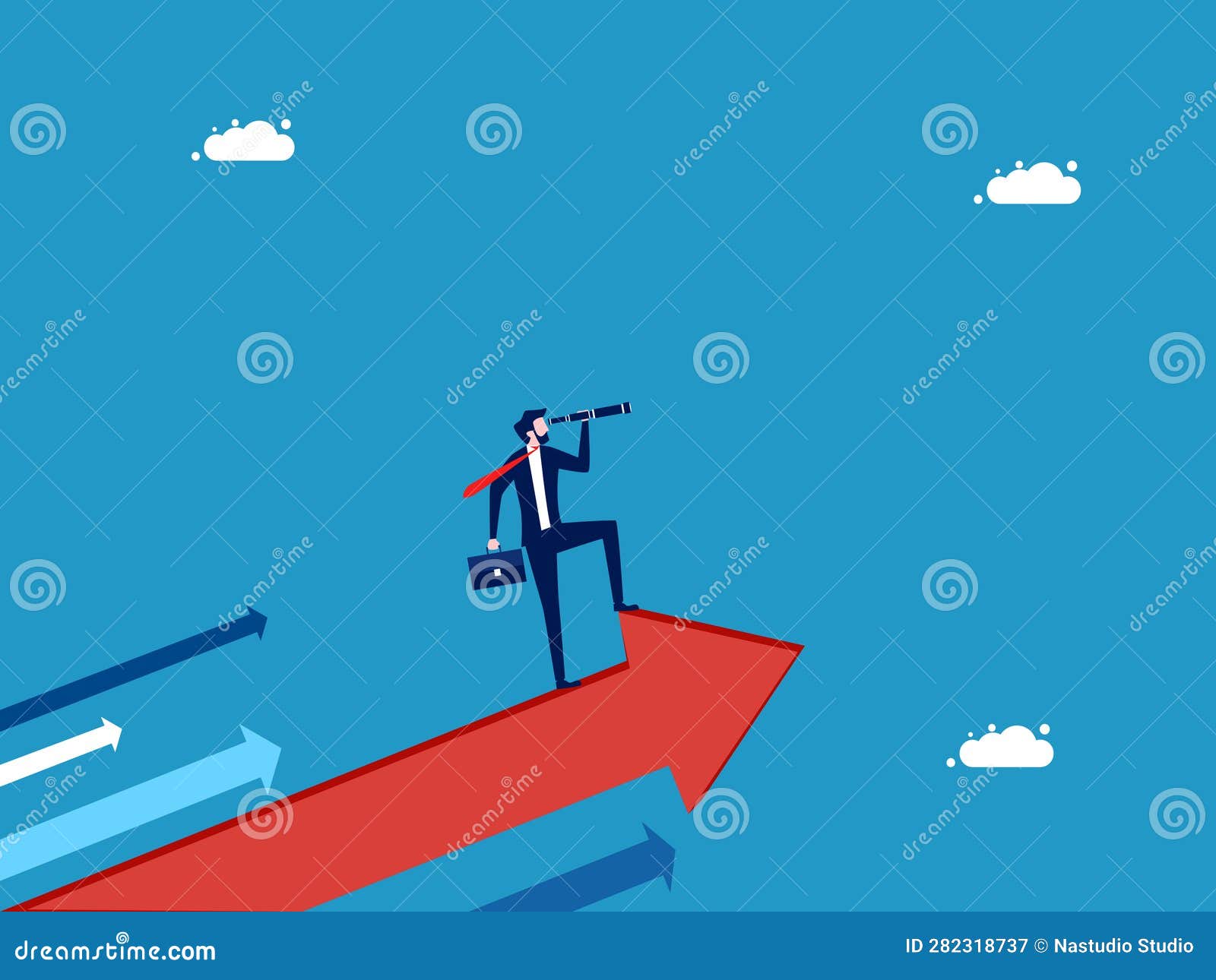 Leader Vision. Businessman Standing on the Arrow and Looking the ...