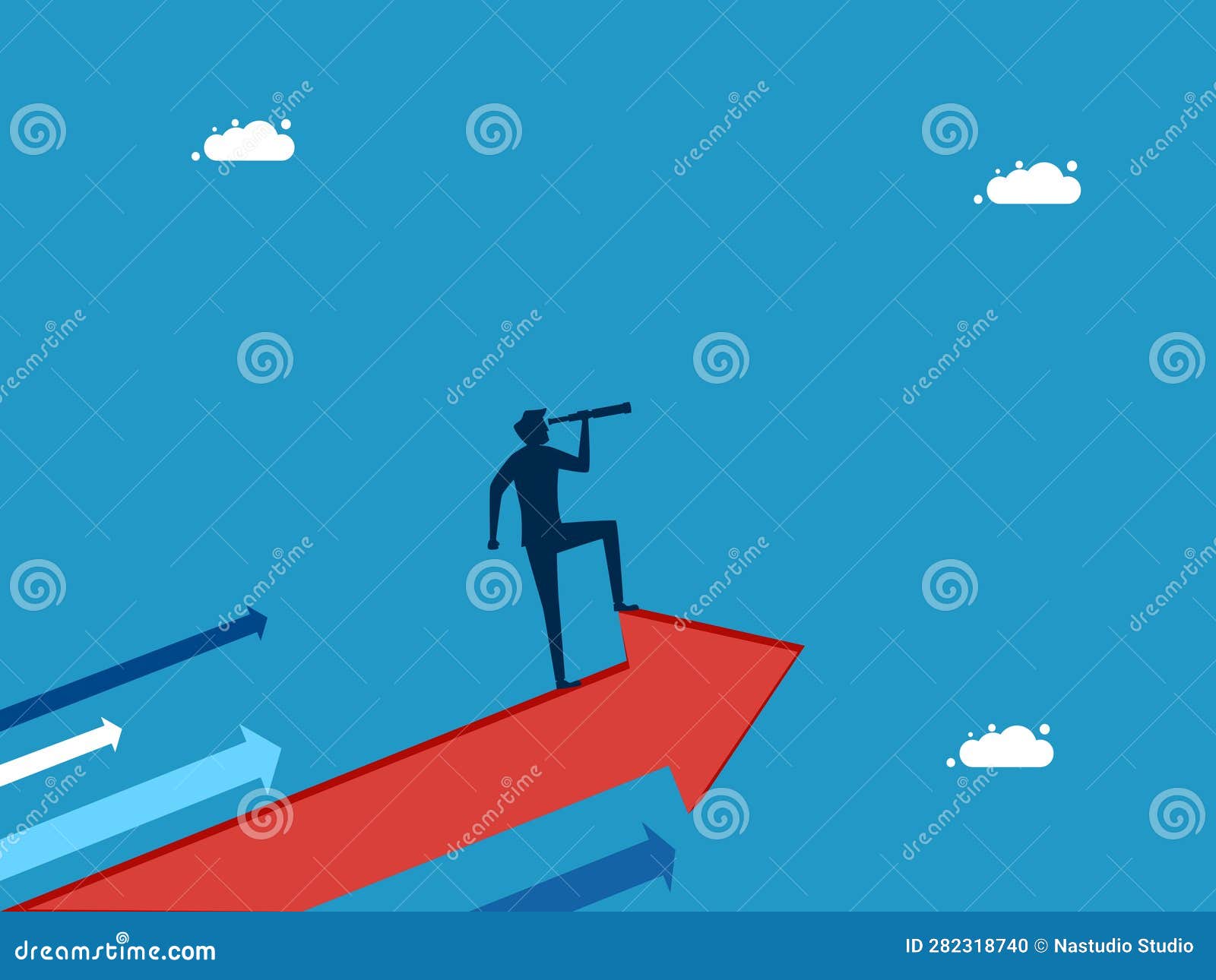 Leader Vision. Man Standing on the Arrow and Looking the Binocular ...