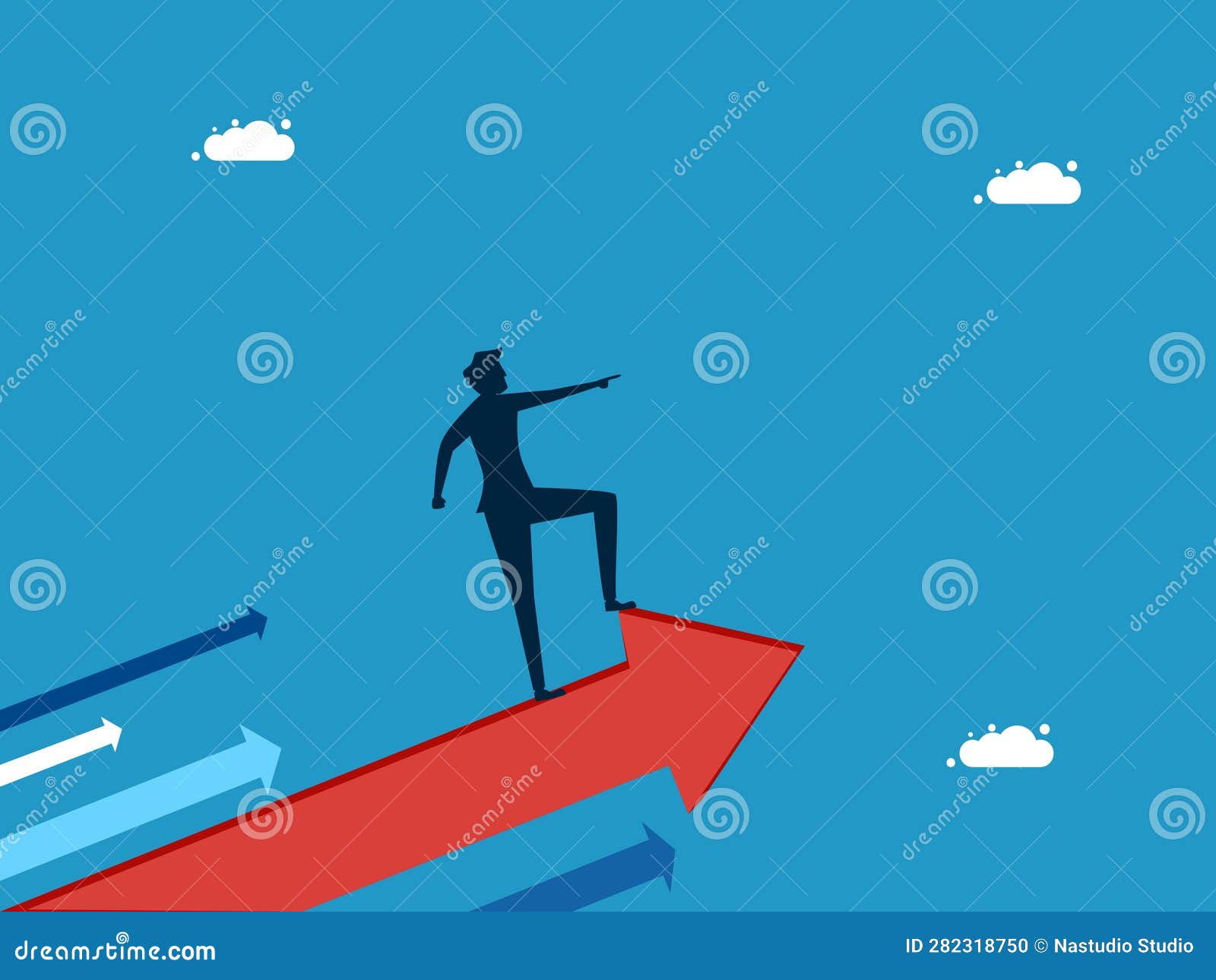 Leadership Leads To Success. Man Standing on an Arrow and Pointing the ...
