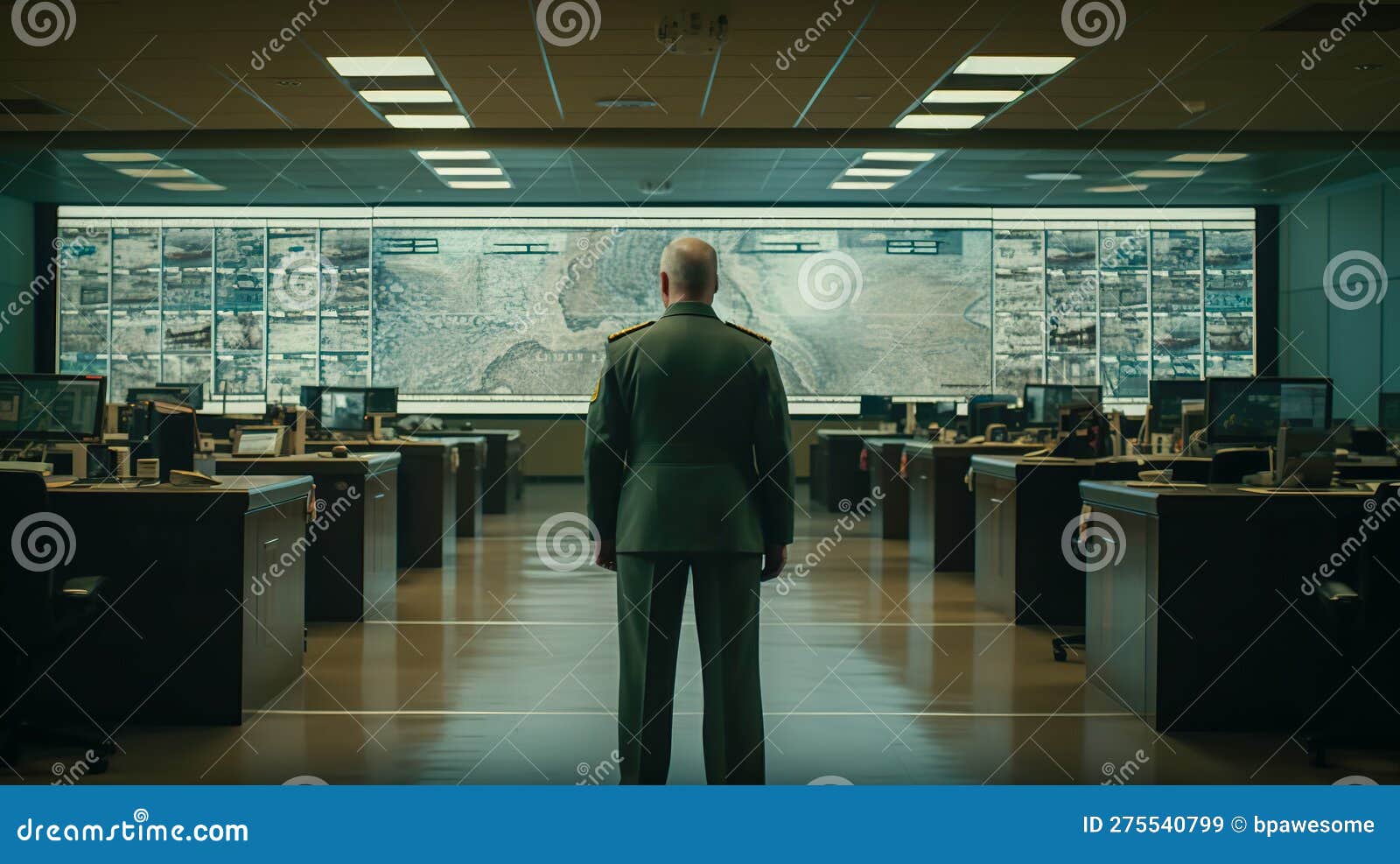 Leading the Charge - Army General Working in Modern War Room with Large ...