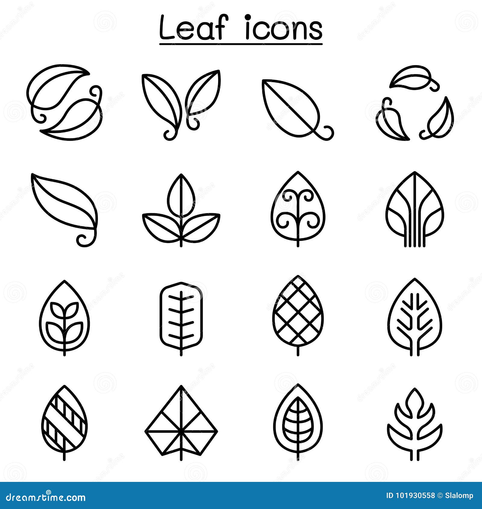 Leaf Icon Set in Thin Line Style Stock Vector - Illustration of curl ...