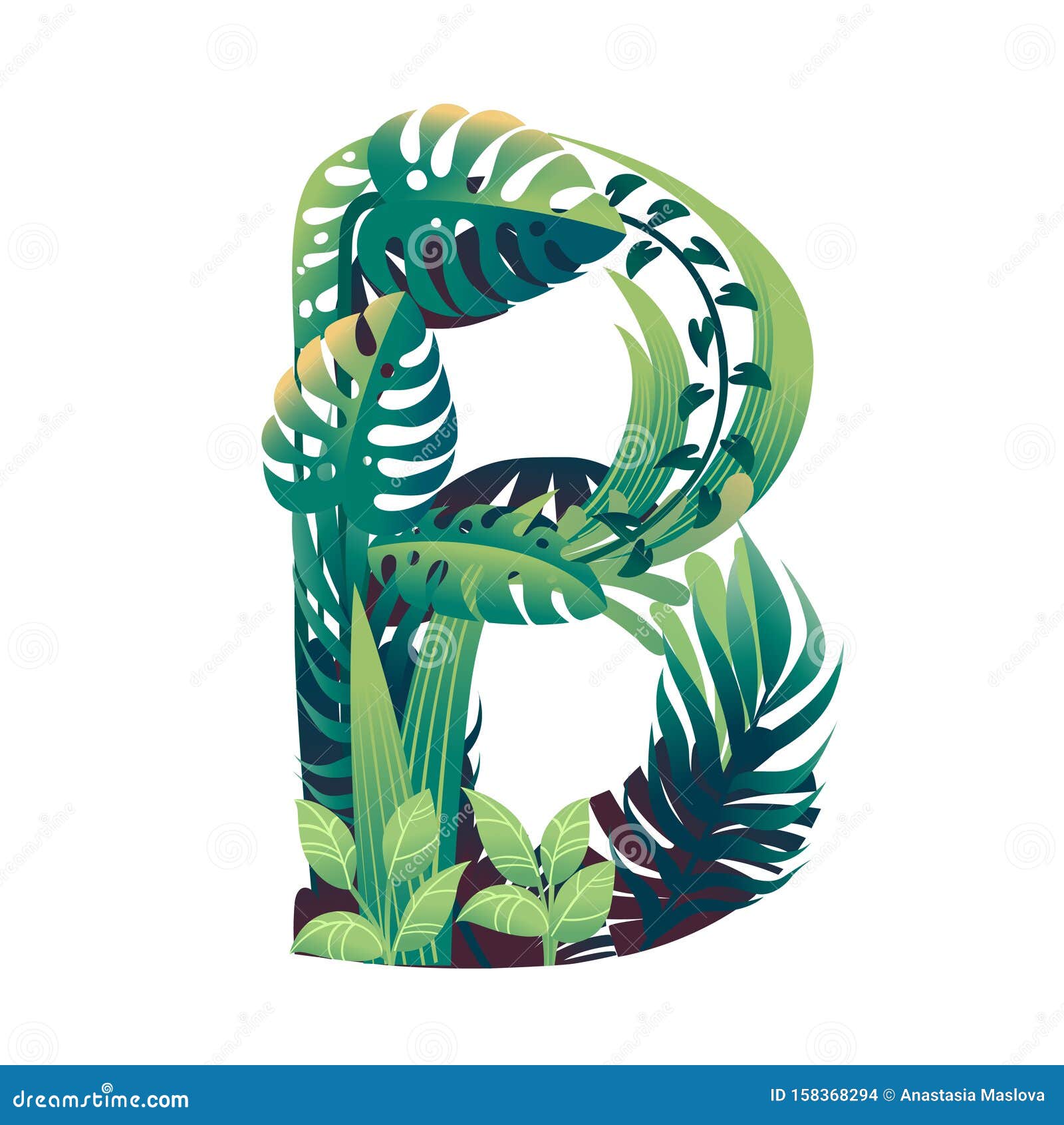 Leaf Letter B with Diffirent Types of Green Leaves and Foliage Flat ...