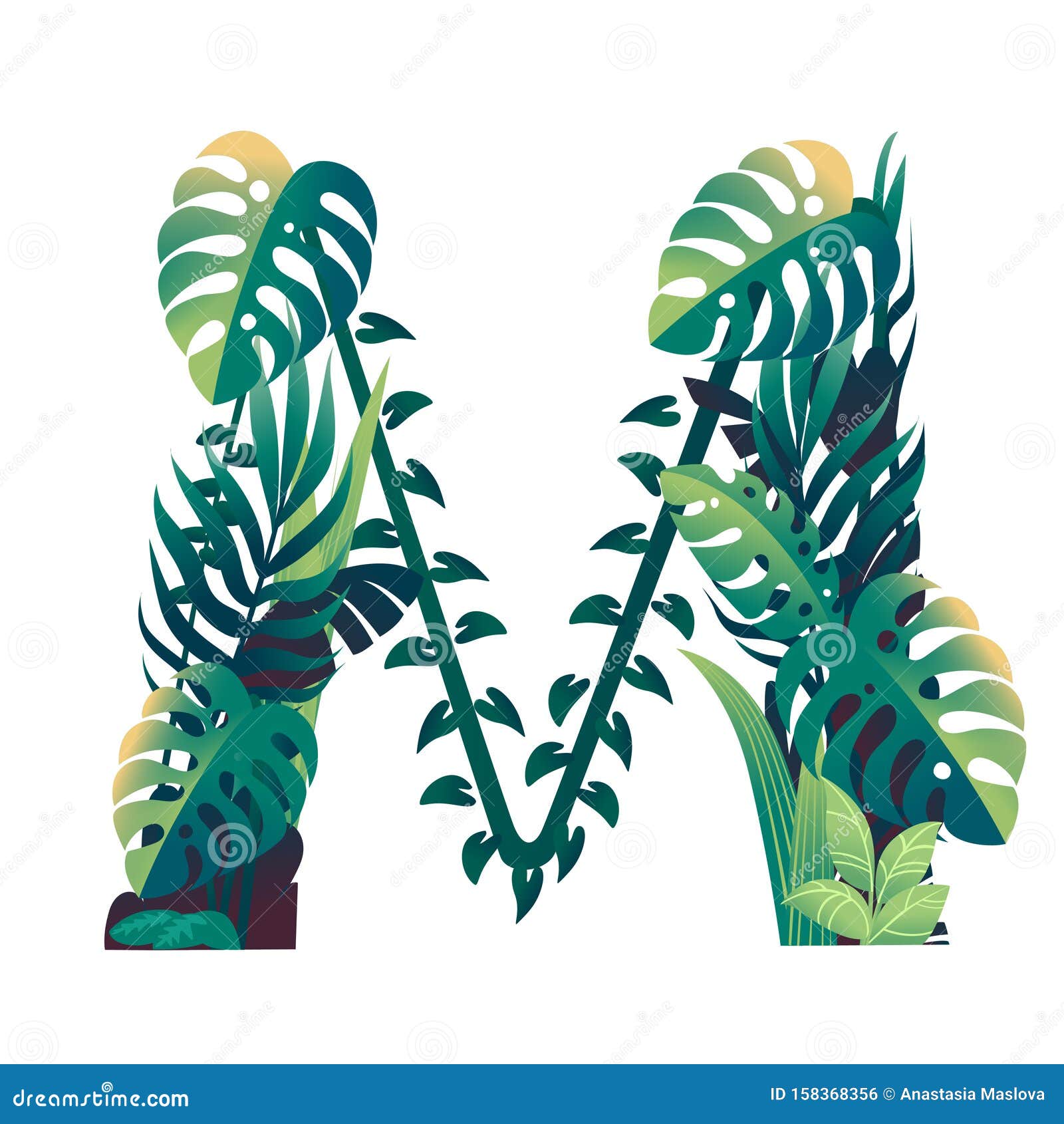 Leaf Letter M with Diffirent Types of Green Leaves and Foliage Flat ...
