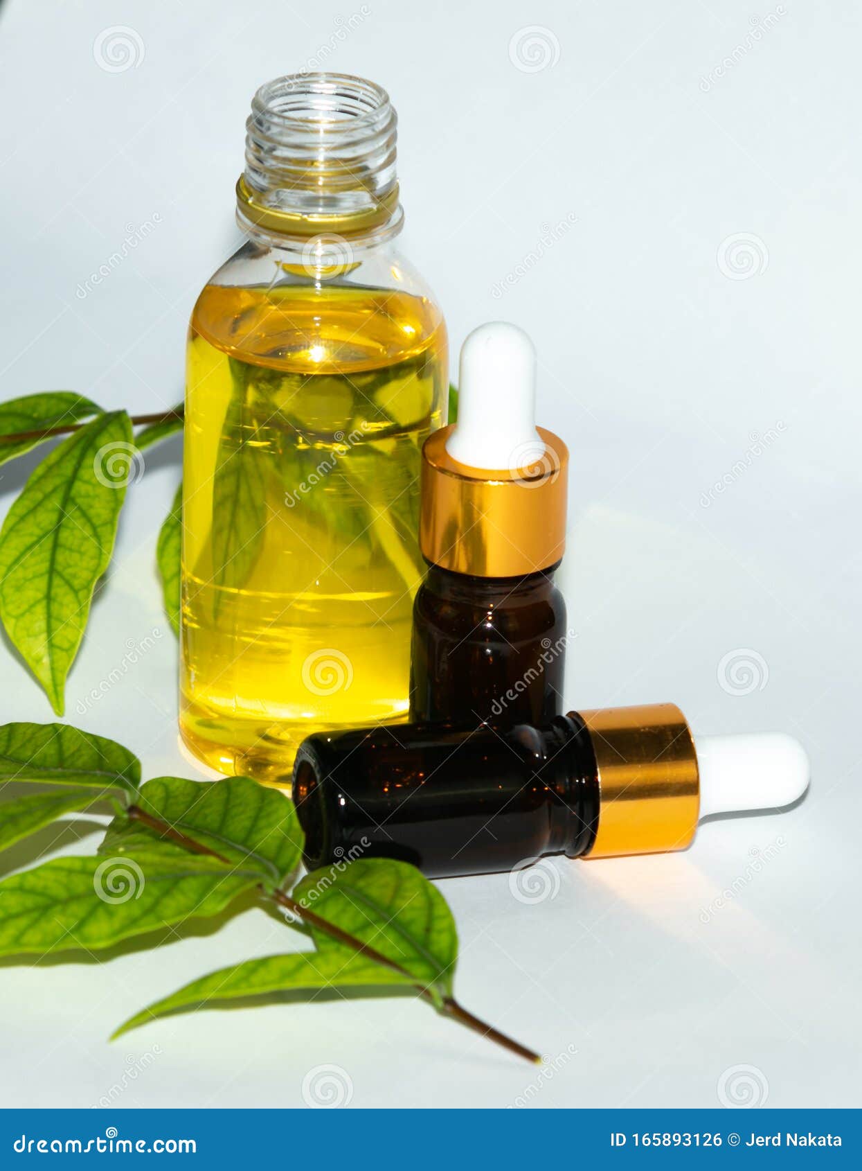 Leaf Oil in Bottle and Fresh Leaf on White Background Stock Photo ...