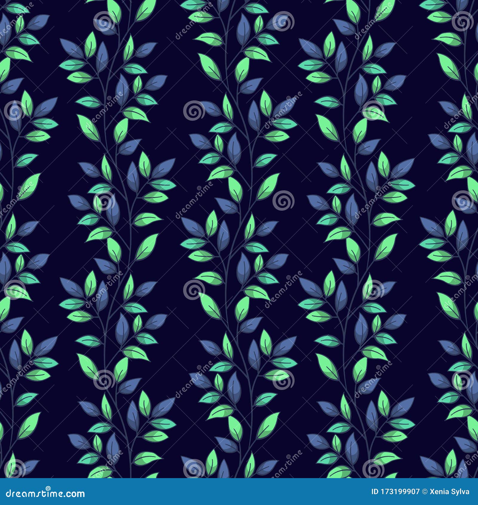 Leaf Seamless Pattern; Vertical Branches with Leaves on Dark Blue ...