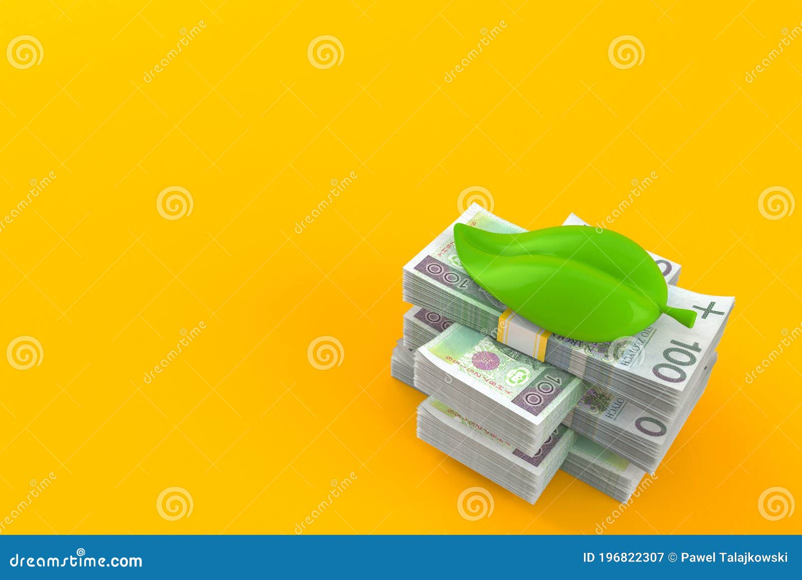 Leaf on stack of money stock illustration. Illustration of isolated ...
