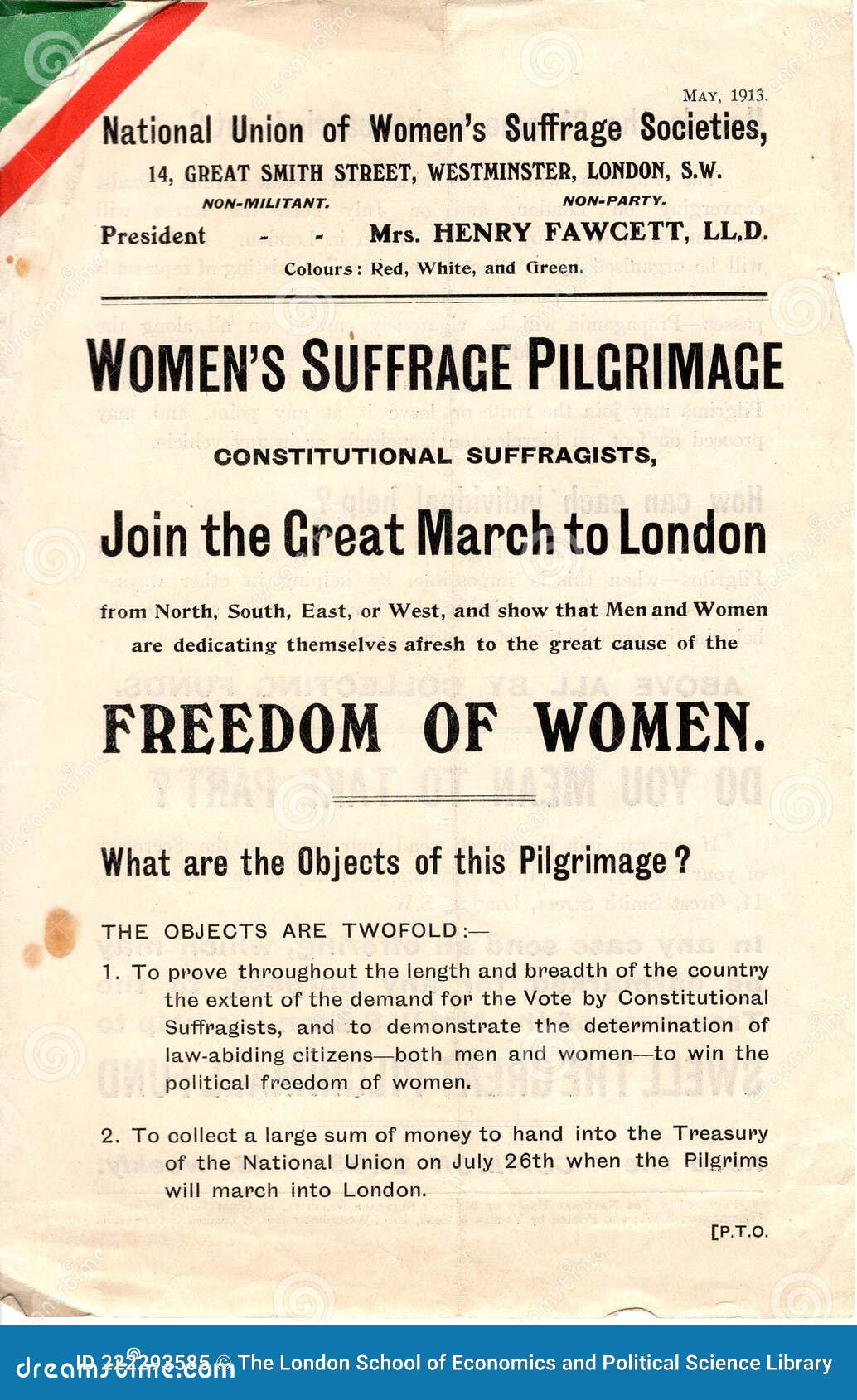 Leaflet NUWSS Women's Suffrage Pilgrimage 1913 Picture. Image: 222293585