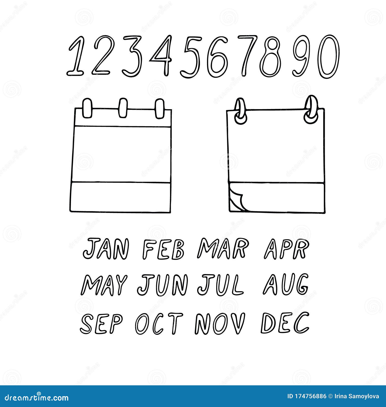 Leaflets, Numbers, Month Names. Hand Drawn Set in Doodle Style ...