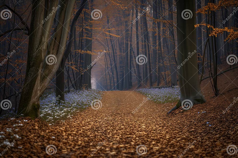 Leaflittered Forest Path with Diffuse Wildflowers at the End Stock ...