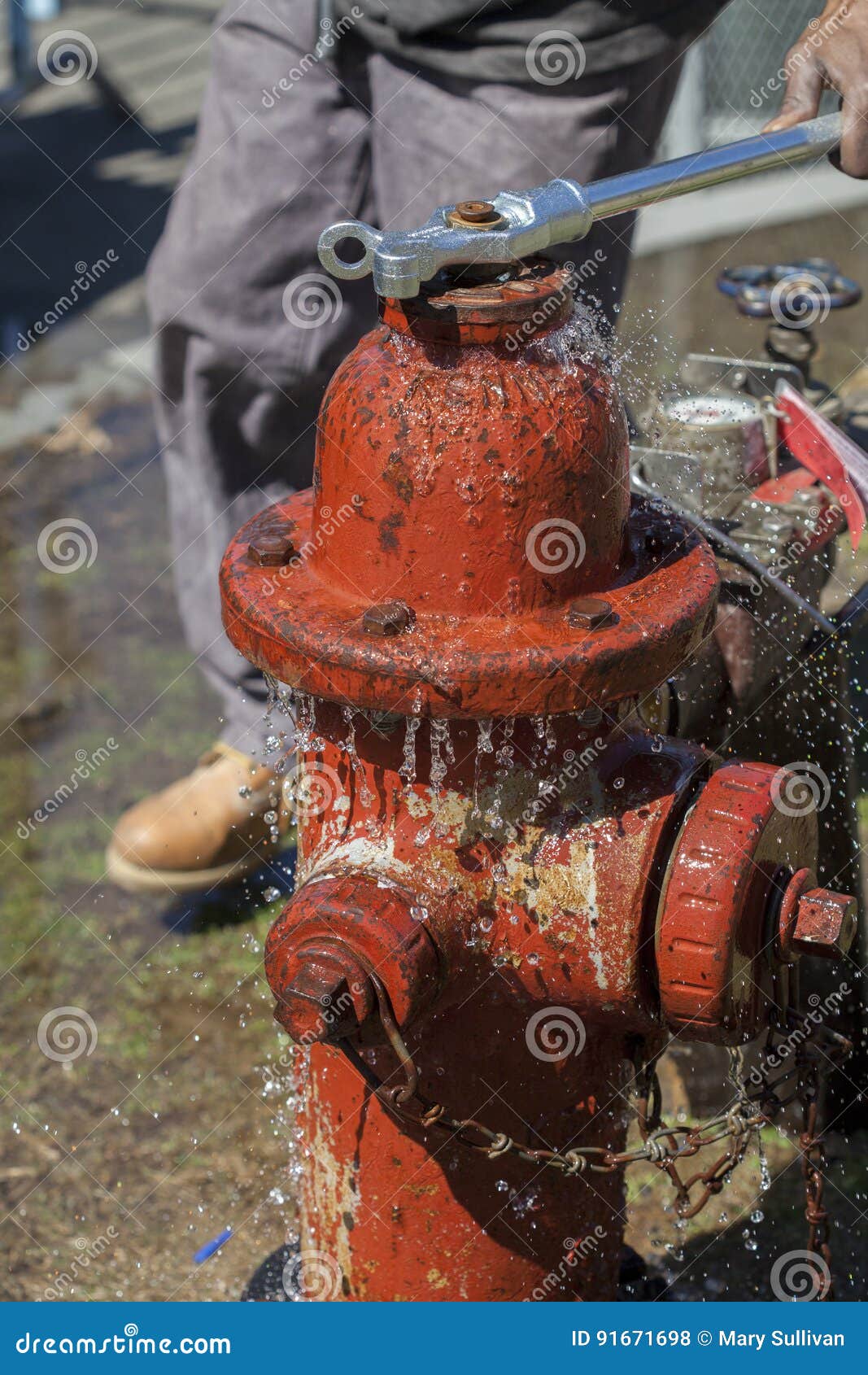 Leaking Fire Hydrant Spraying Water Being Closed With Wrench Royalty ...