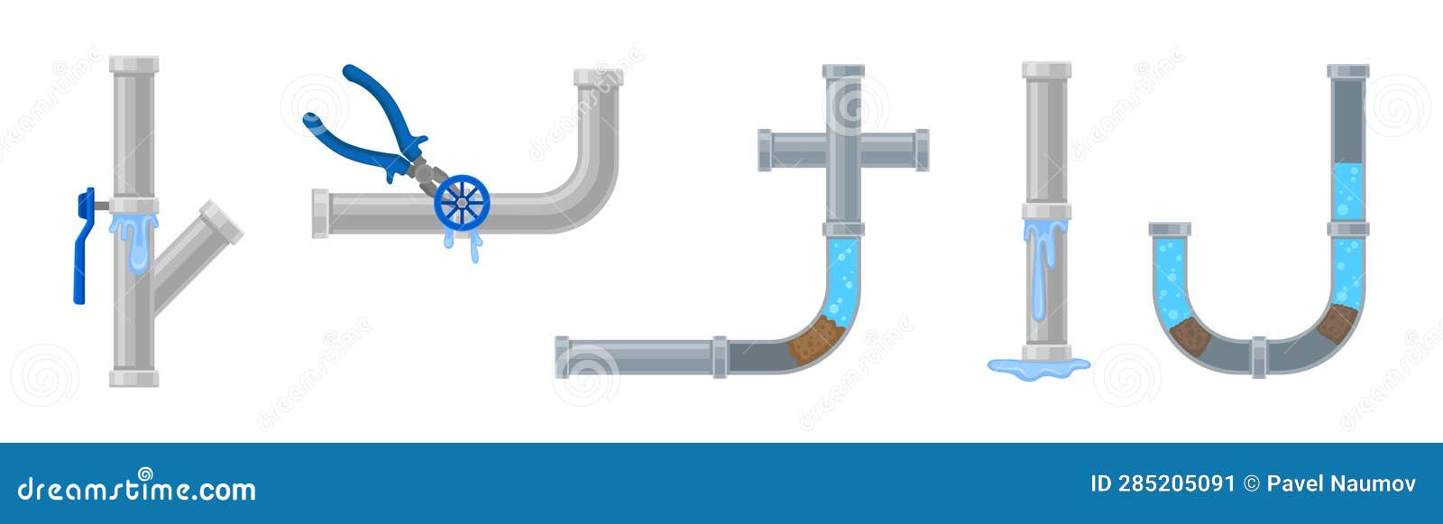Leaking Water Pipe and Damaged Dripping Fitting Vector Set Stock Vector ...