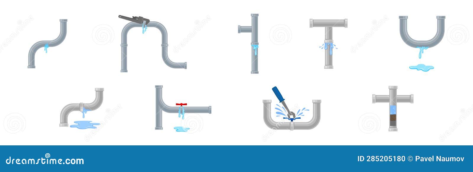 Leaking Water Pipe and Damaged Dripping Fitting Vector Set Stock Vector ...