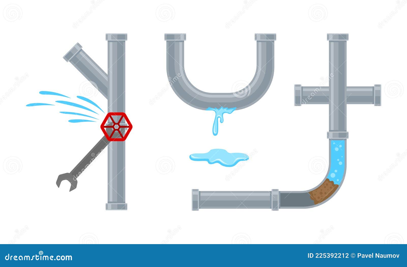 Leaking Water Pipe and Damaged Dripping Fitting Vector Set Stock Vector ...
