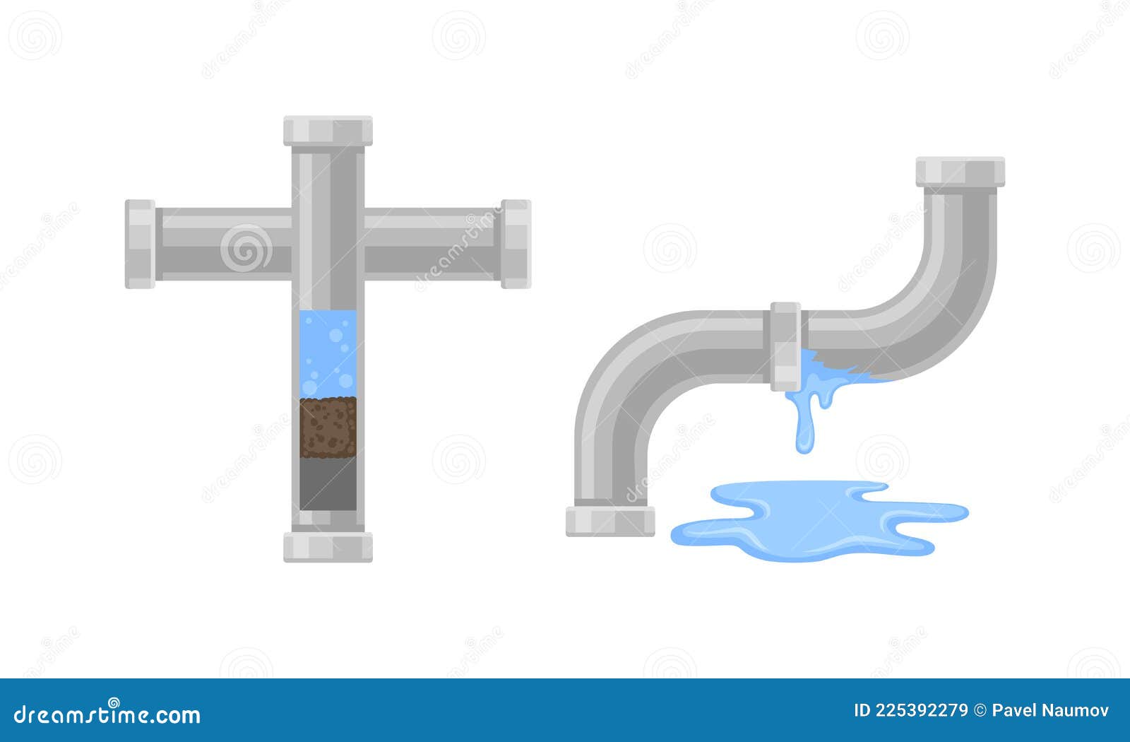 Leaking Water Pipe and Damaged Dripping Fitting Vector Set Stock Vector ...