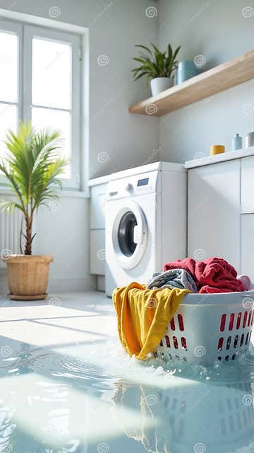 Leaky Washing Machine Flooded the Floor with Water. Broken Washing ...
