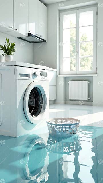 Leaky Washing Machine Flooded the Floor with Water. Broken Washing ...