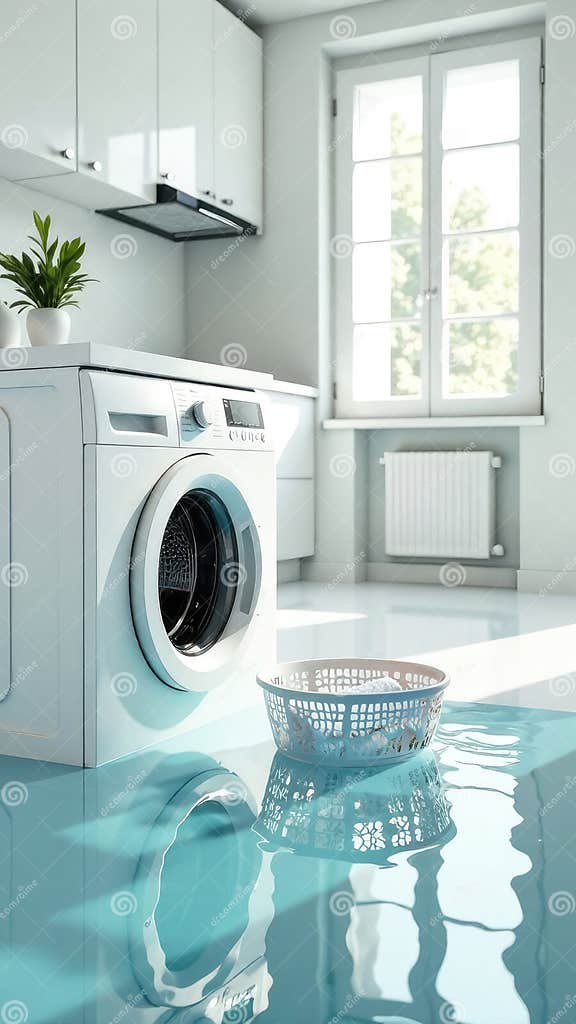 Leaky Washing Machine Flooded the Floor with Water. Broken Washing ...