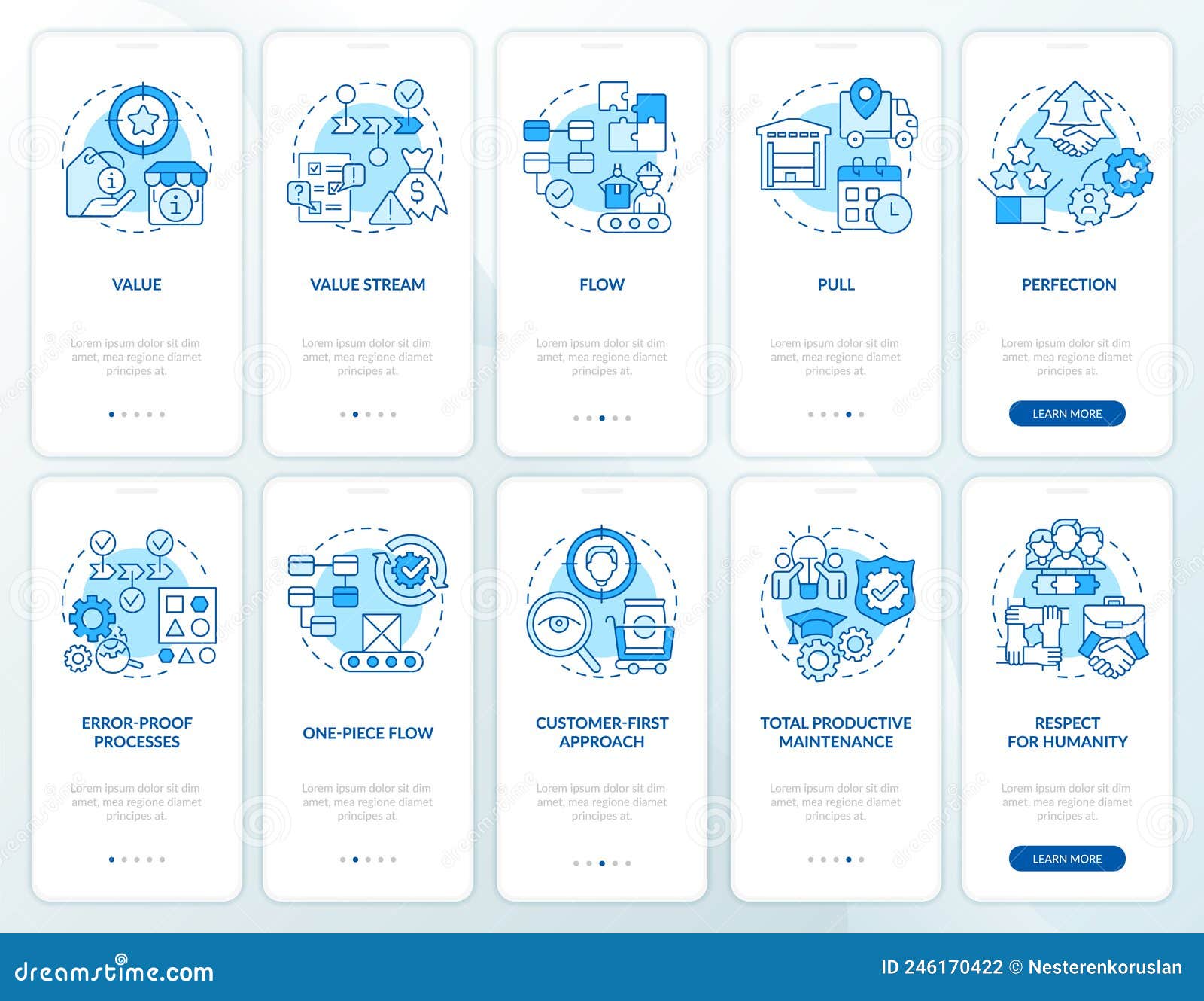 Lean Manufacturing Blue Onboarding Mobile App Screen Set Stock Vector ...