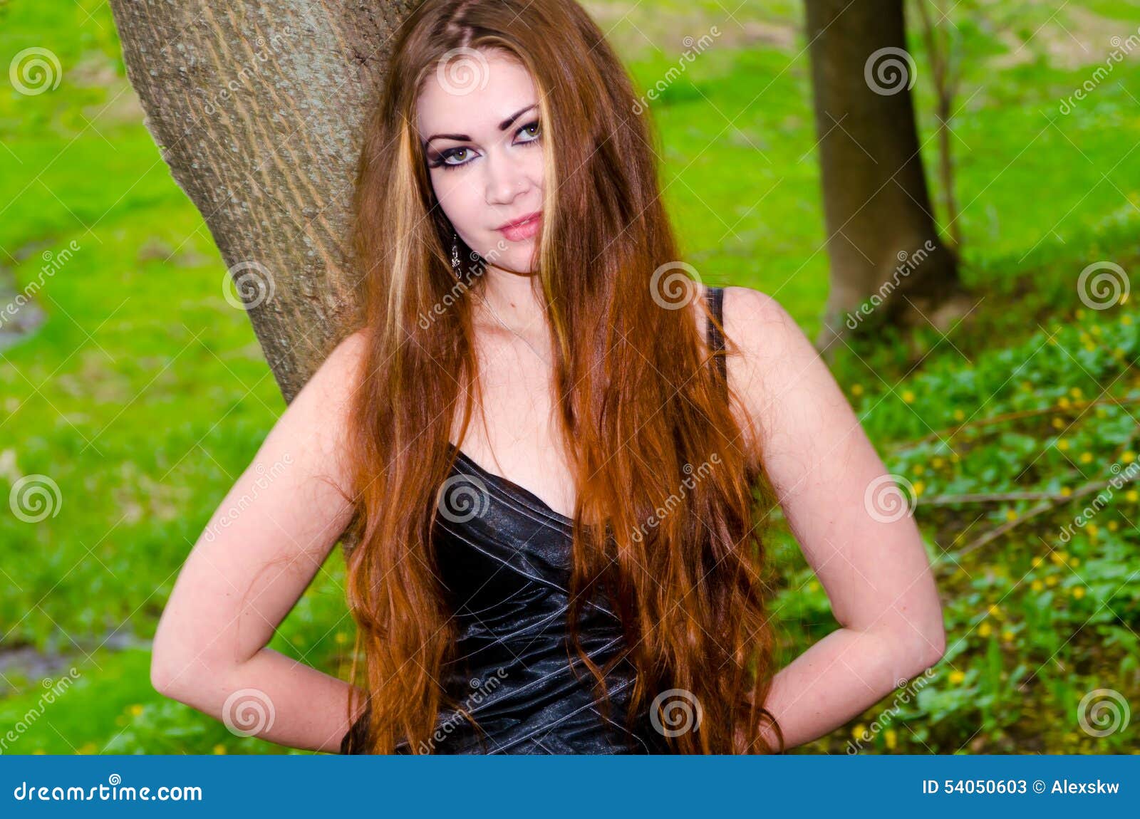 She is Leaning Back Against the Tree Stock Image - Image of fashion ...