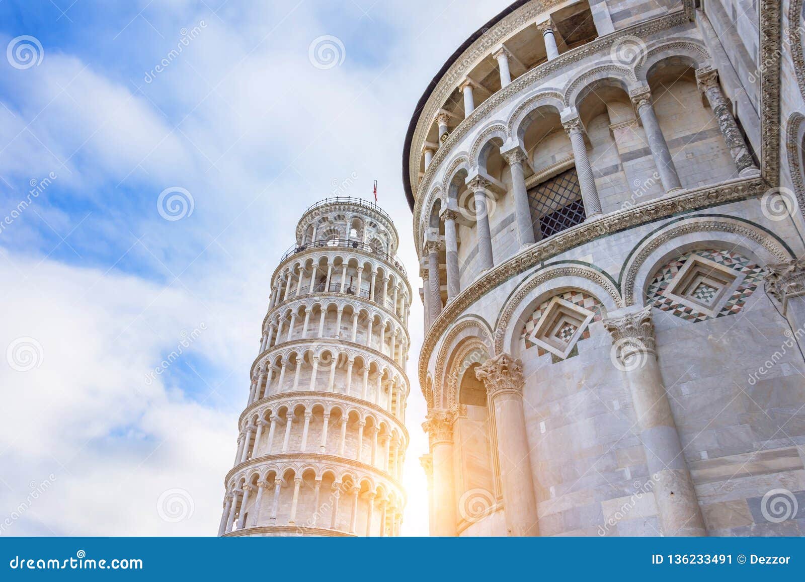 Leaning Tower of Pisa with a Sun Flare at Sunset Stock Image - Image of ...
