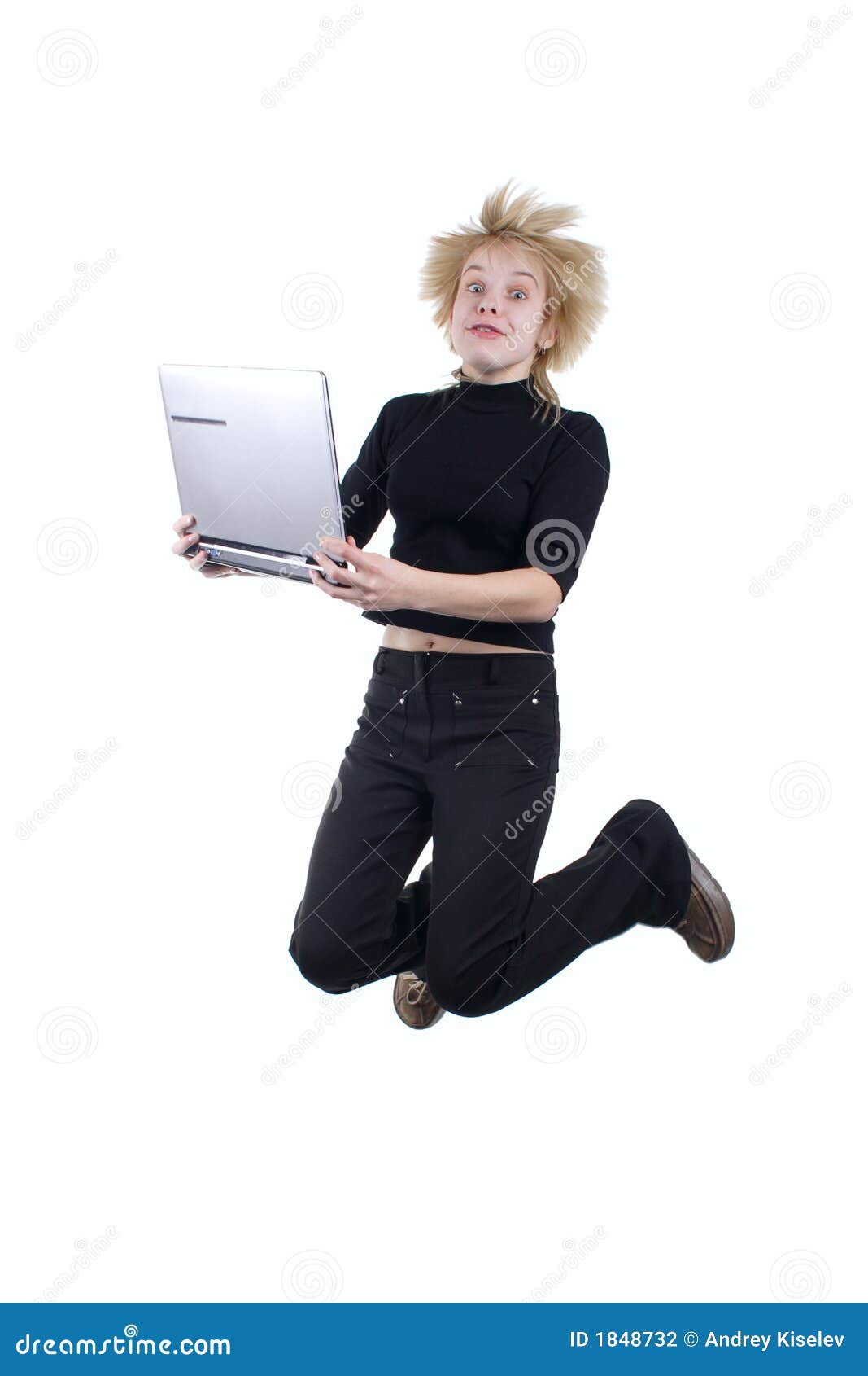 Leap with laptop stock photo. Image of happy, blond, looking - 1848732