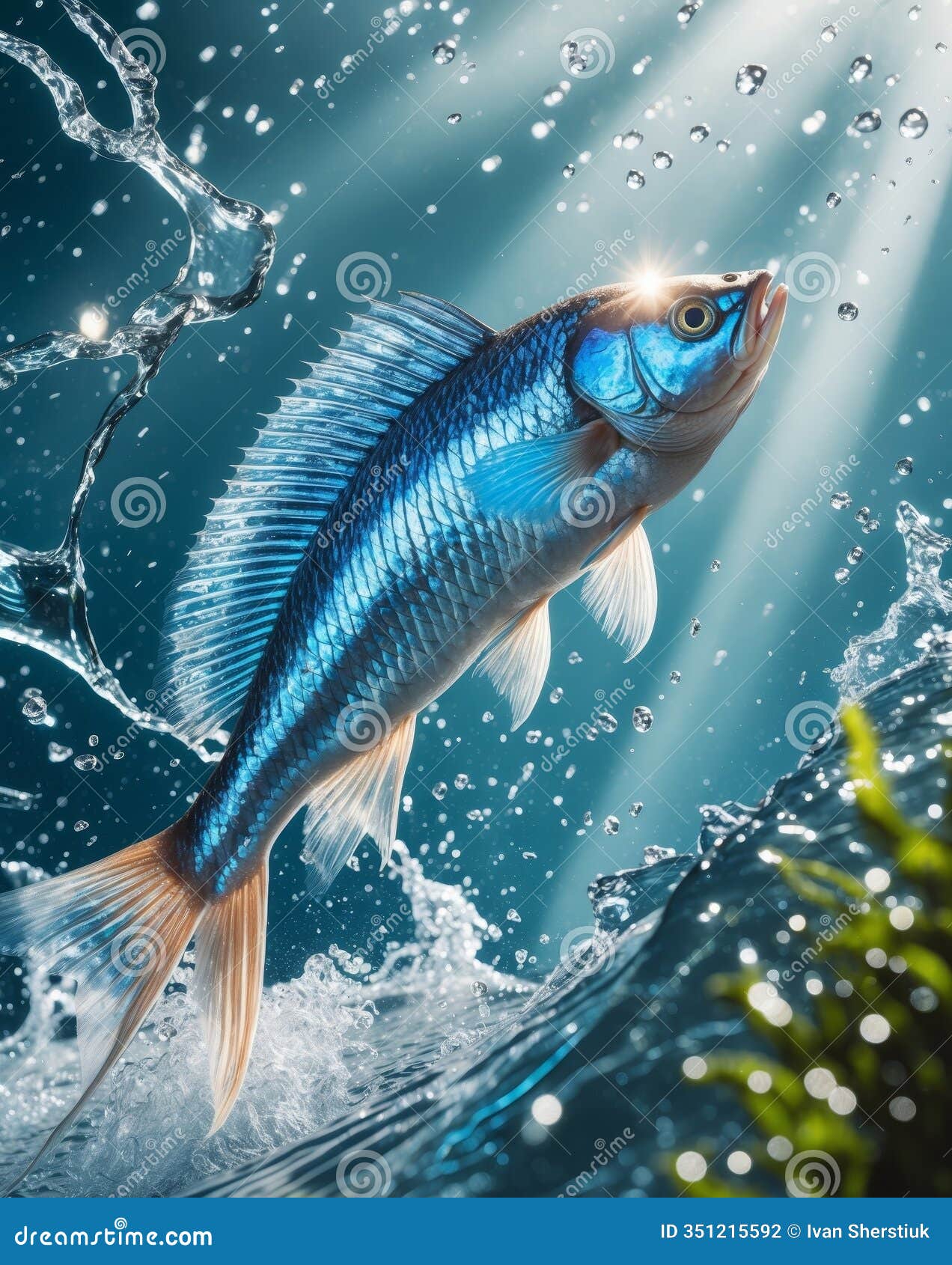 Leaping Fish Breaking through Splashing Water Surface Stock Photo ...