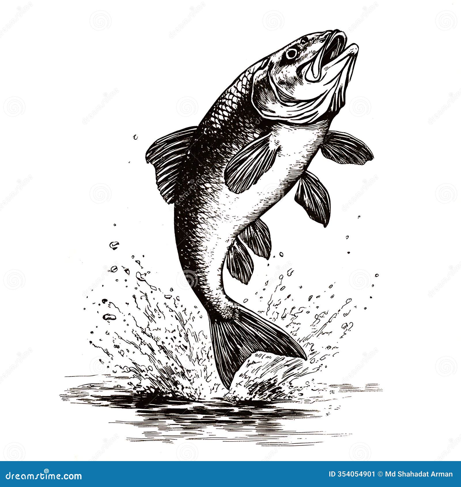 Leaping Fish in Monochrome Ink Drawing Style Ink Sketch Stock ...