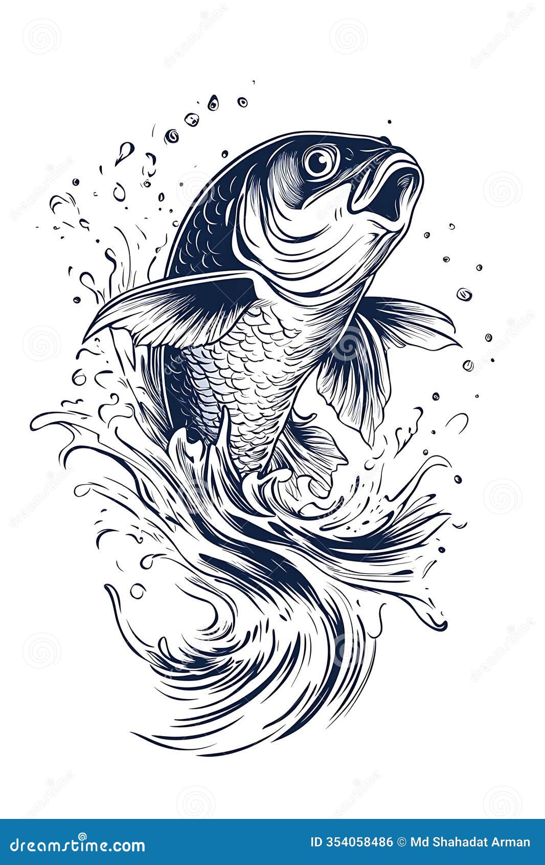 Leaping Fish in Stylized Waves, Monochrome Ink Drawing Stock ...