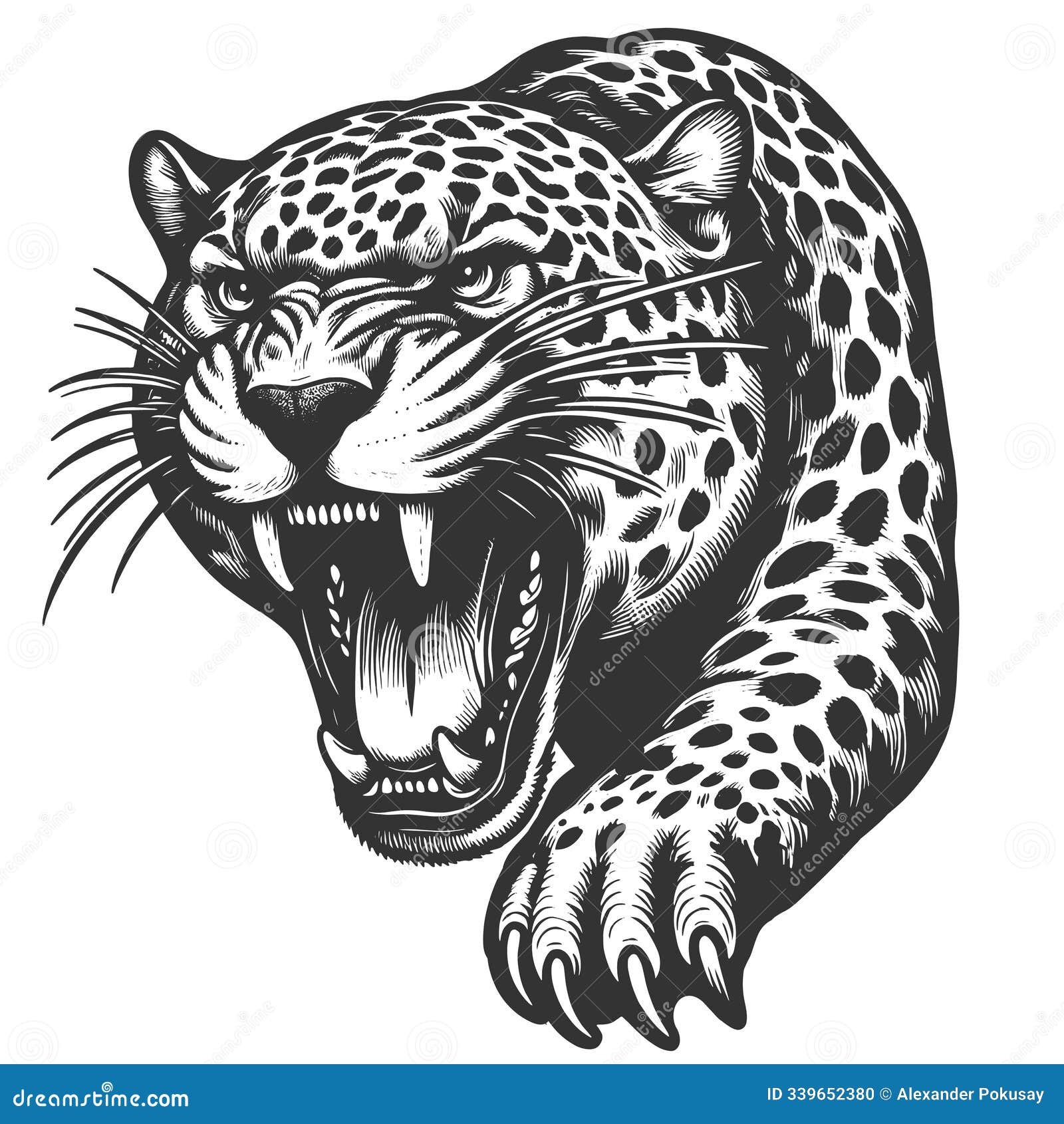 Leaping Roaring Leopard Tattoo Engraving Vector | CartoonDealer.com ...