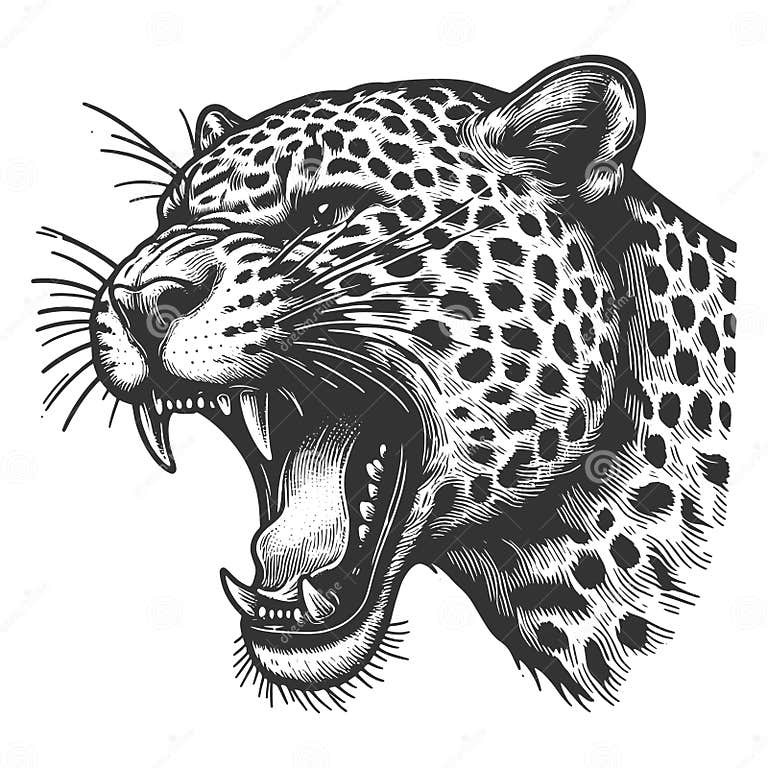 Leaping Roaring Leopard Tattoo Engraving Vector Stock Illustration ...