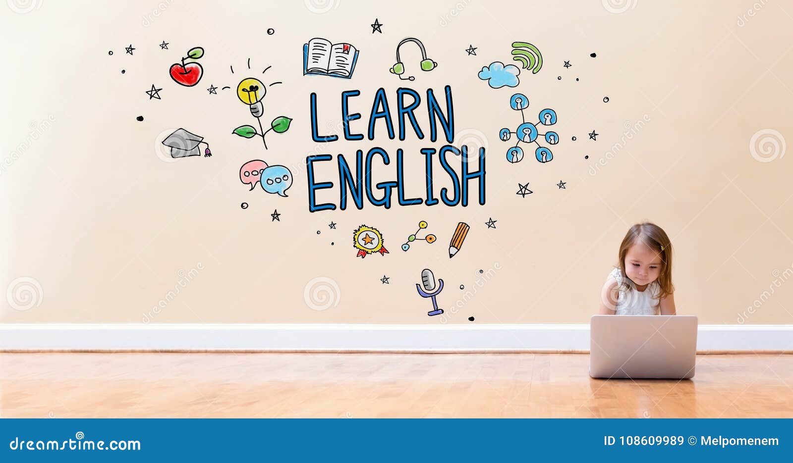 Learn English Text with Little Girl Using a Laptop Computer Stock Image ... Learn English Text with Little Girl Using a Laptop Computer Stock Image ...