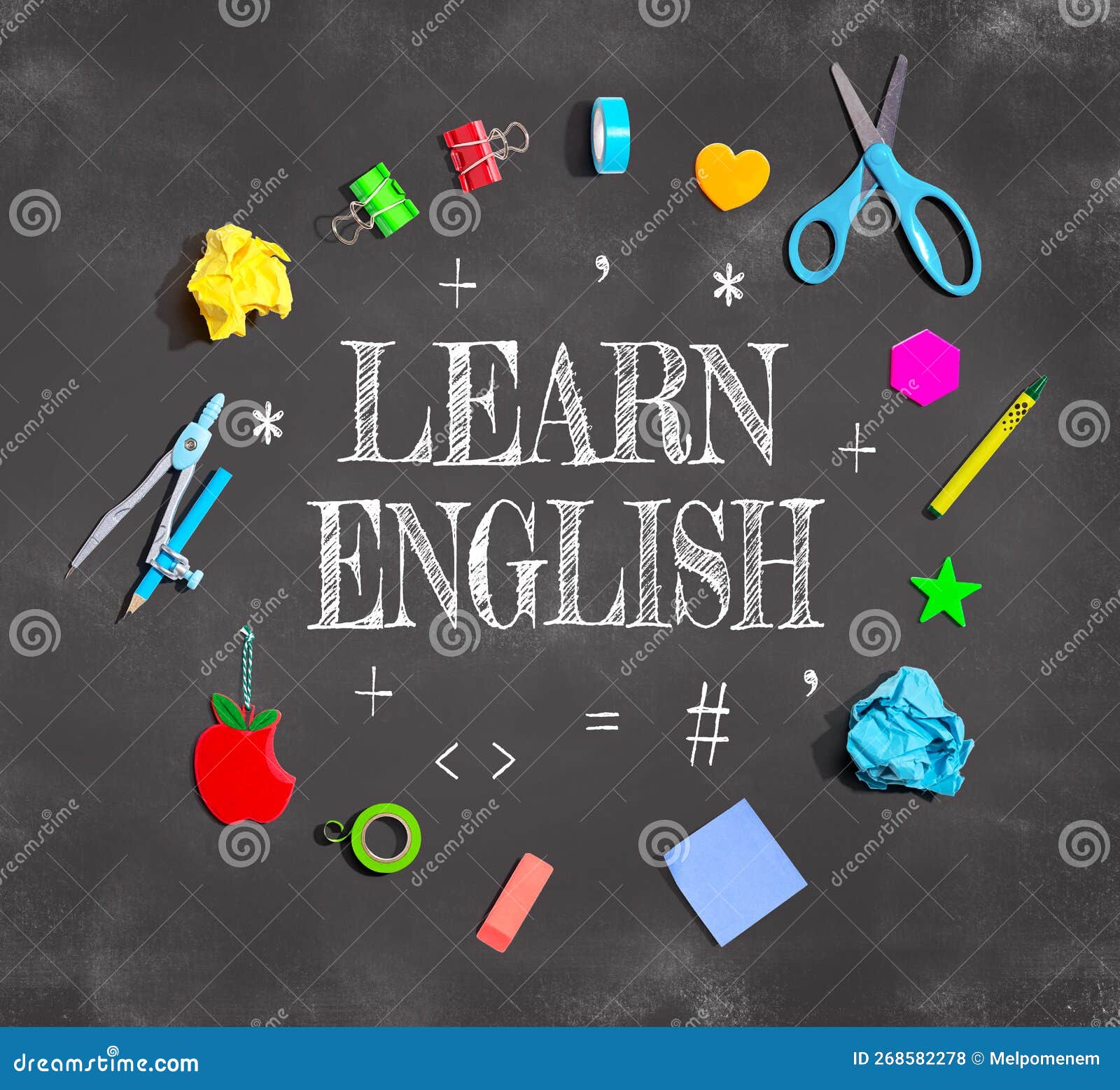 Learn English Theme with School Supplies on a Chalkboard Stock Photo ...