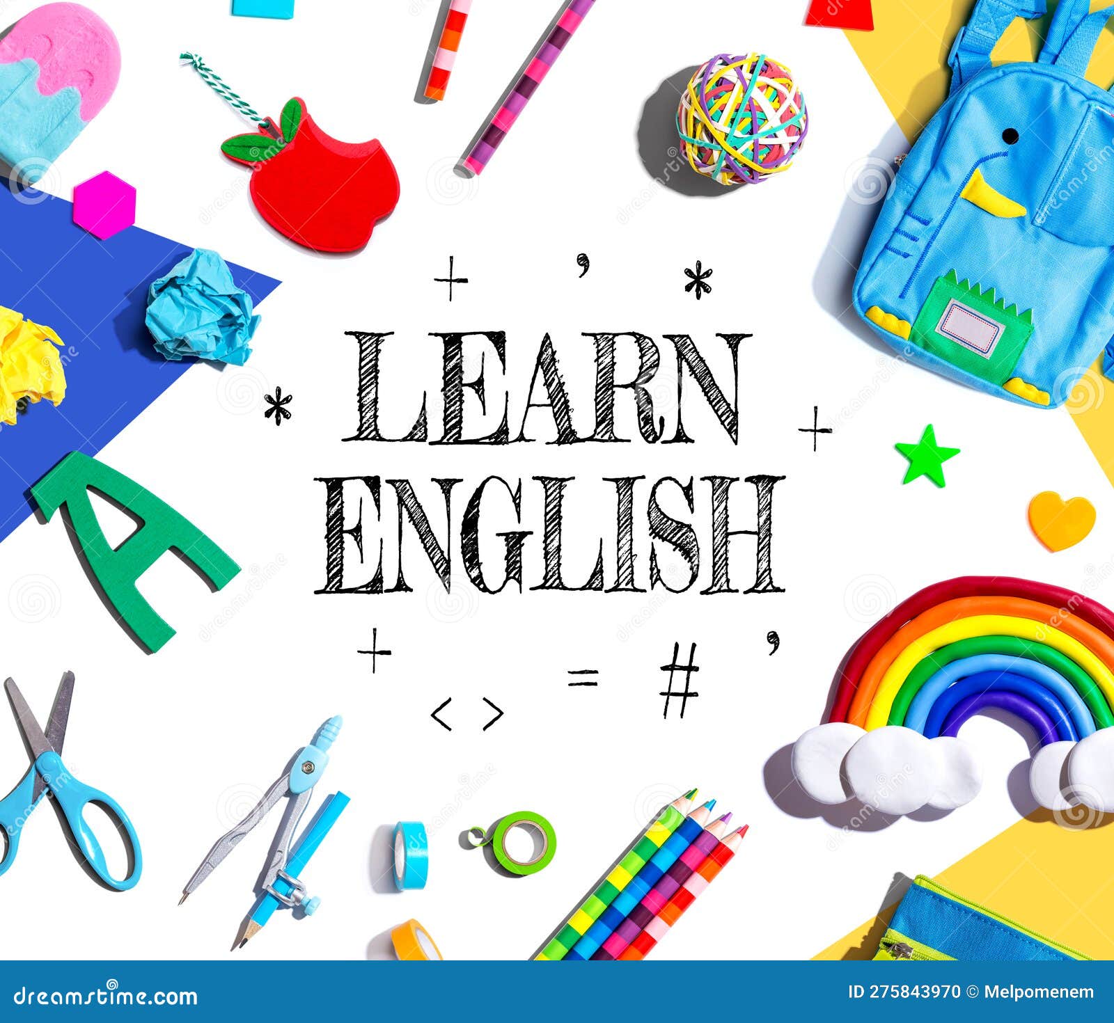 Learn English Theme with School Supplies - Flat Lay Stock Photo - Image ...