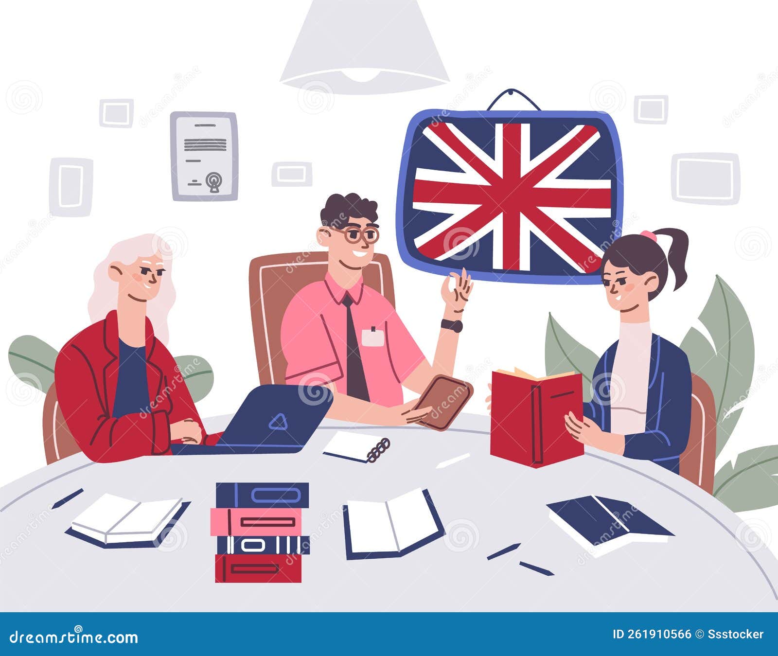 Learn English Together. Students Studying British Language on Computer ...