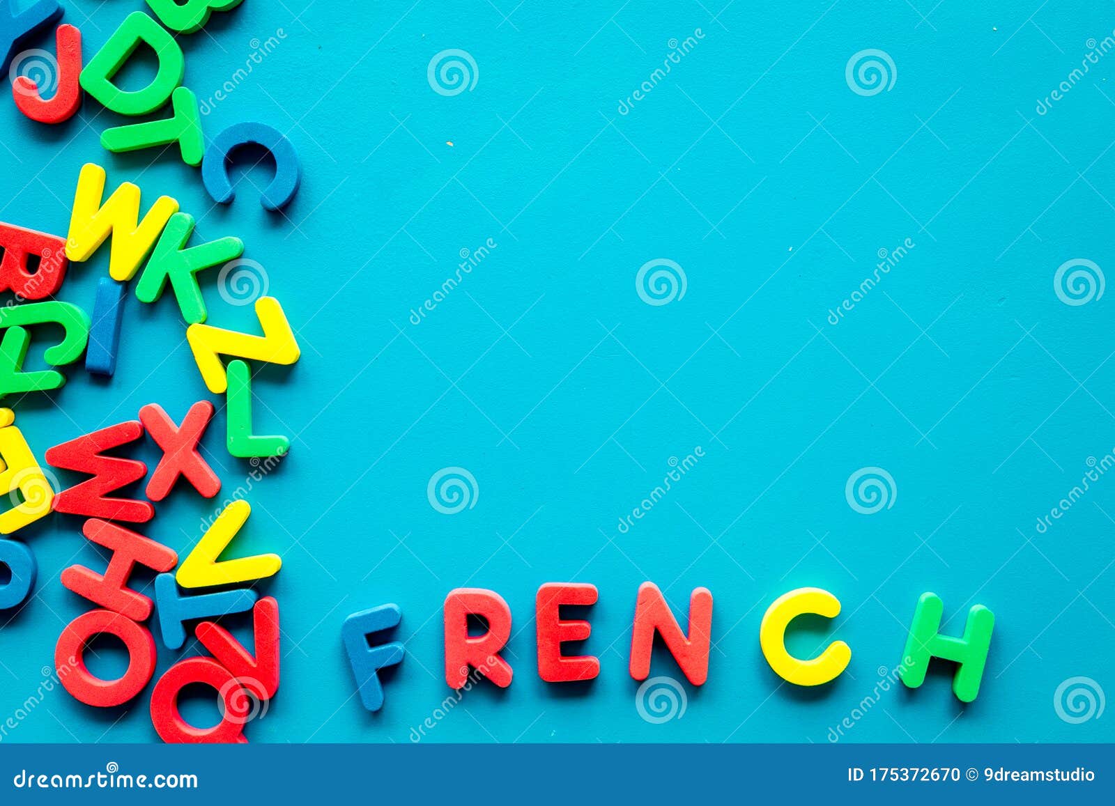 Learn French. Concept with Letters on Blue Background Top-down Copy ...