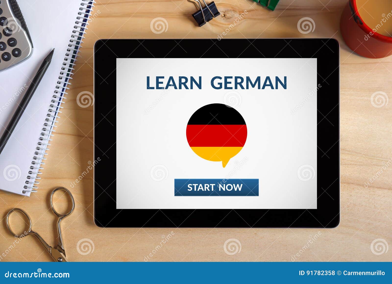 Learn German Concept on Tablet Screen with Office Objects Stock Photo ...