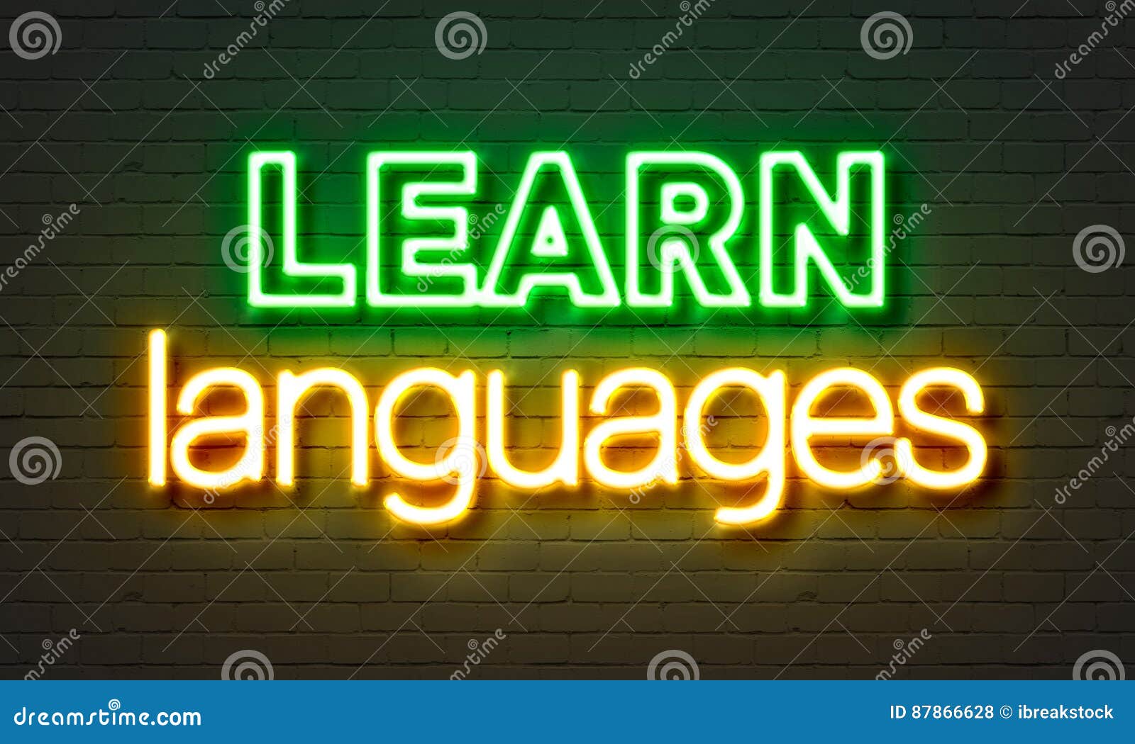 Learn Languages Neon Sign on Brick Wall Background. Stock Illustration ...
