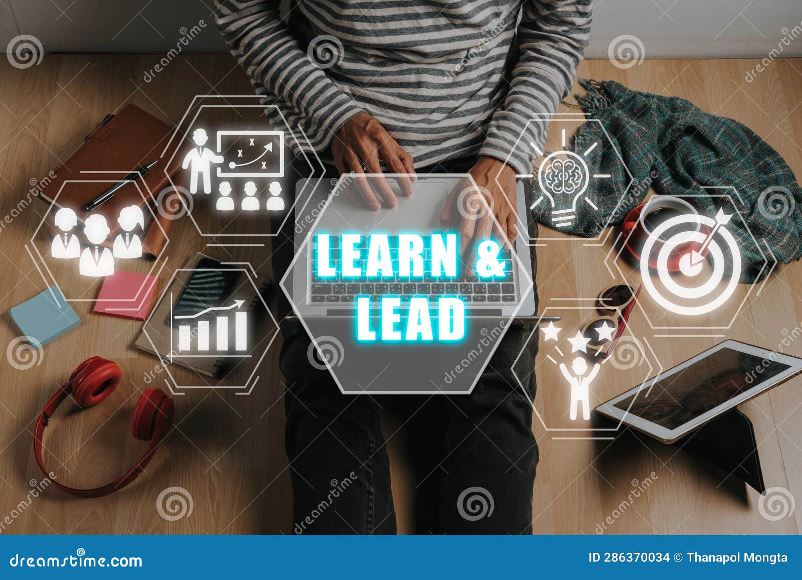 Person Using Laptop Computer with Learn and Lead Icon on Virtual Screen ...