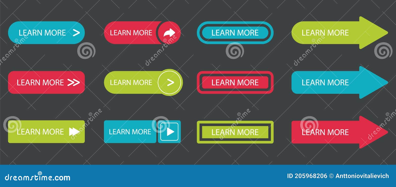 Learn More Colorful Buttons Set for Website Design. Arrow Button in ...