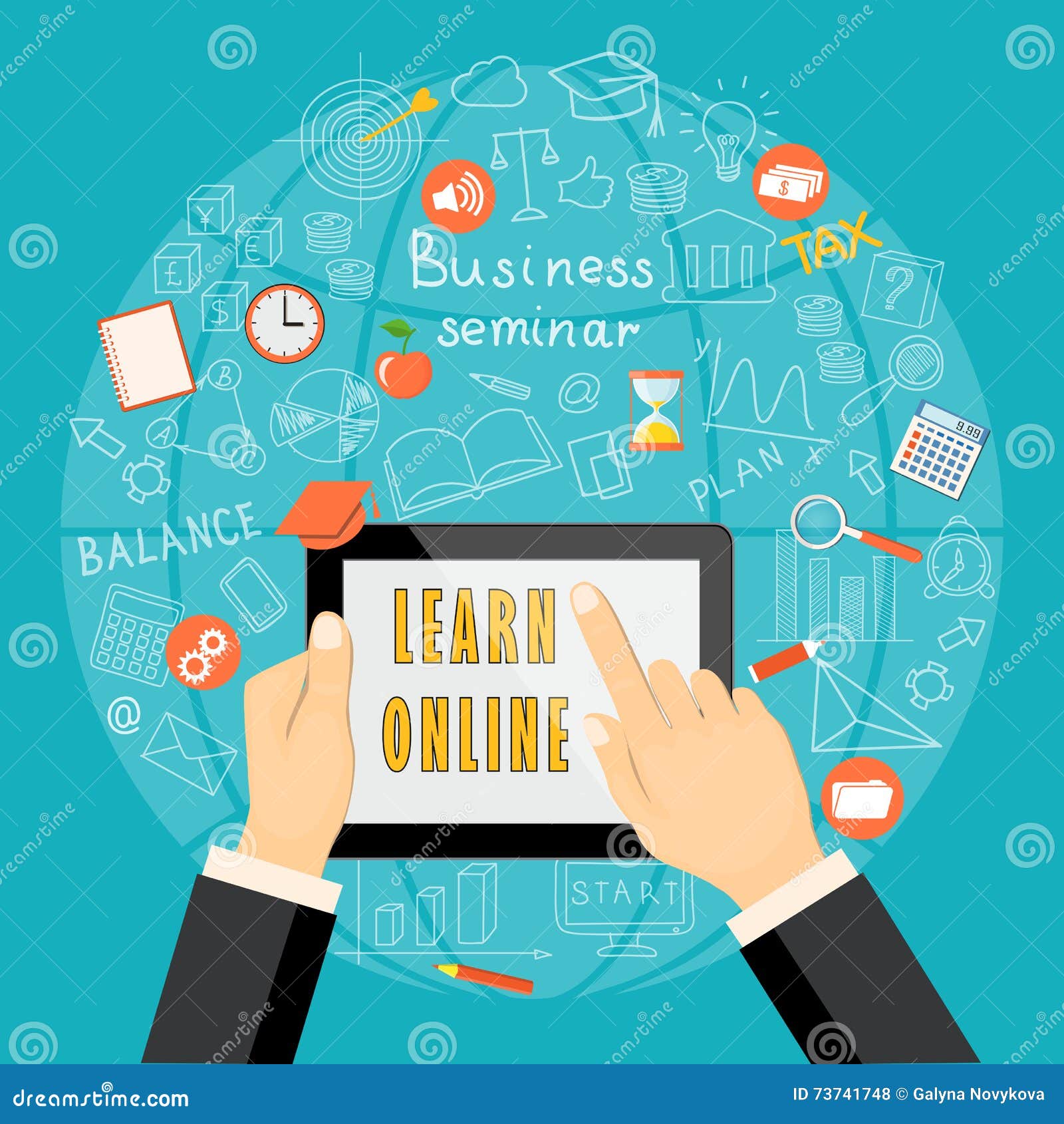 Learn Online with Tablet on Blue Globe Background Stock Vector ...
