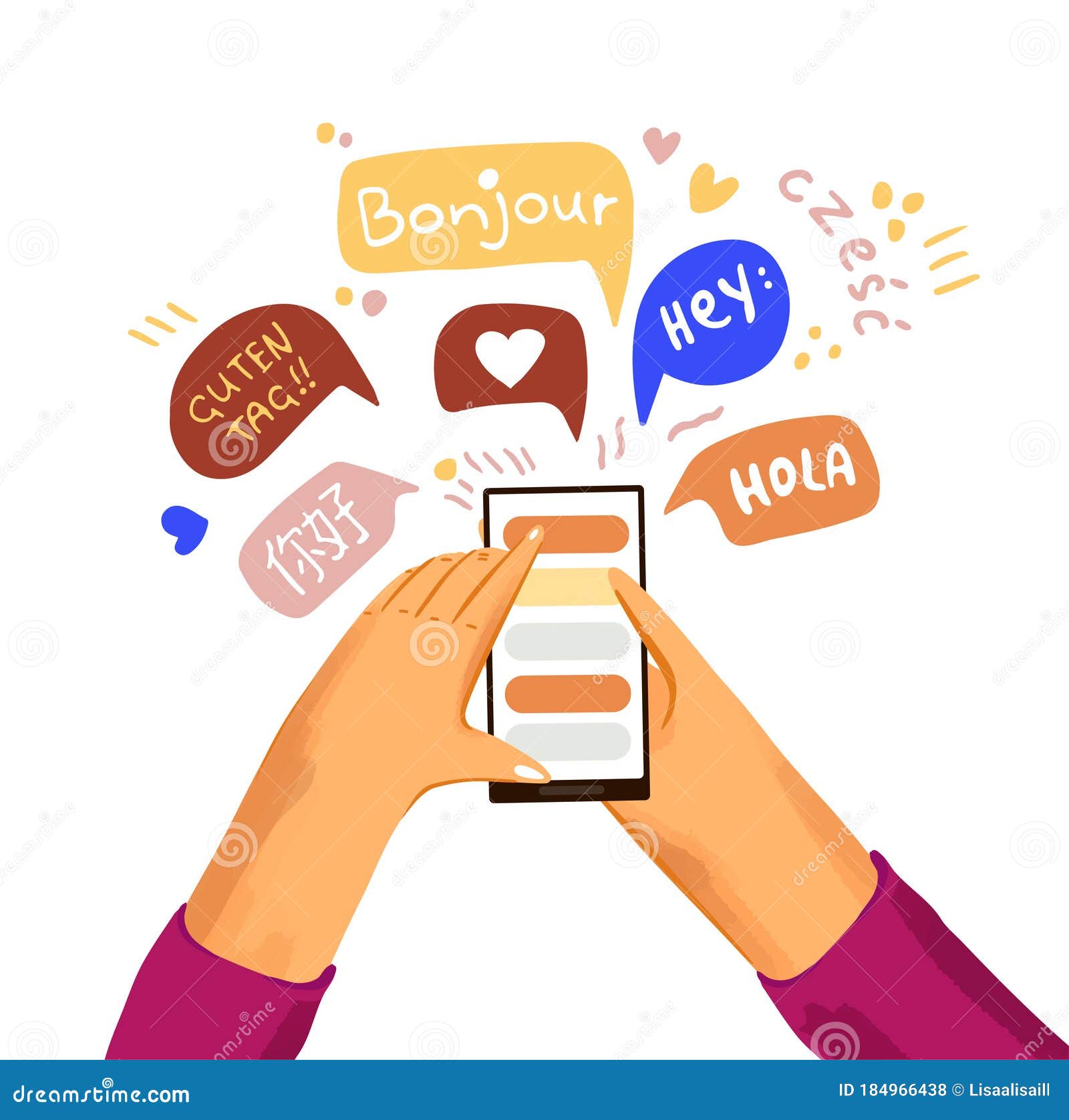 Learn and Study Language Flat Vector. Hand with Phone and Greetings on ...