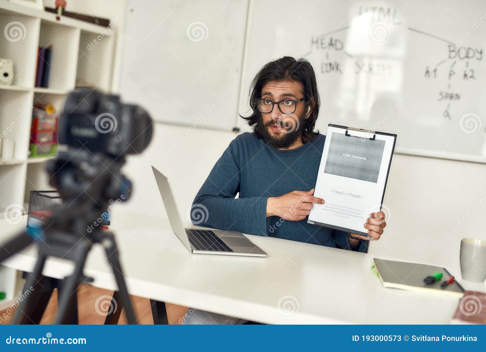 Learn To Code HTML. Young Male Teacher Eyeglasses Teaching HTML ...