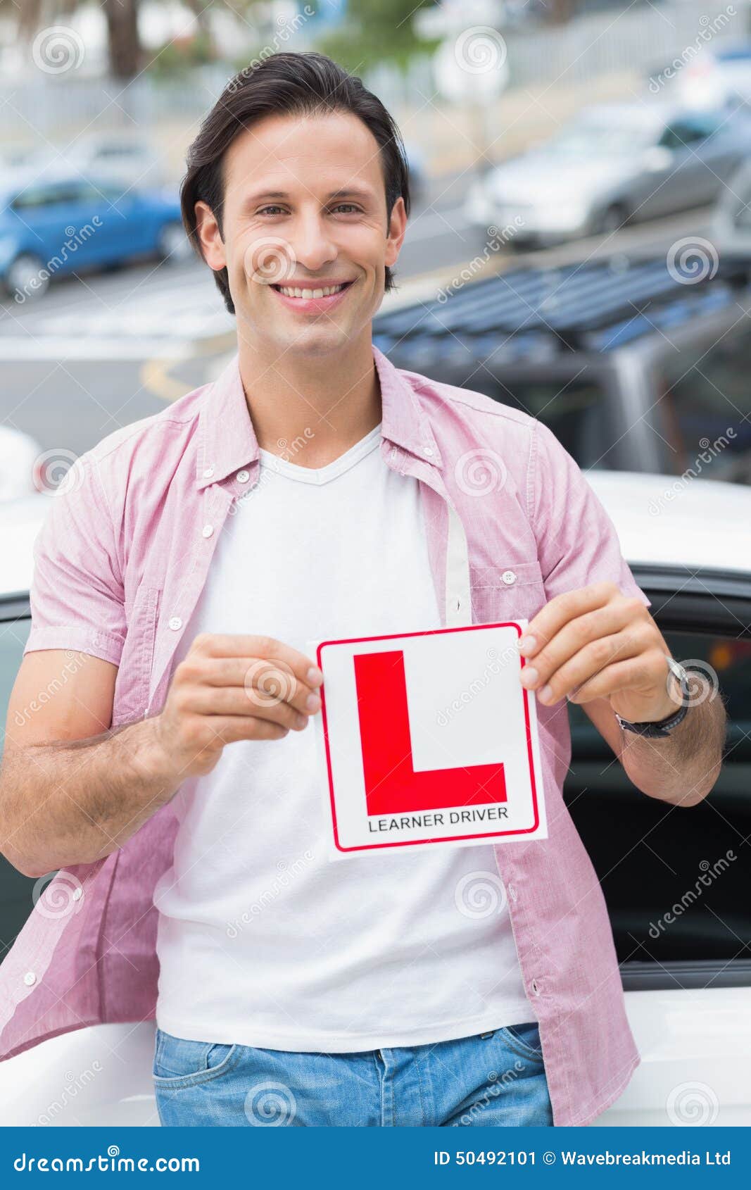Learner Driver Smiling and Holding L Plate Stock Image - Image of ...