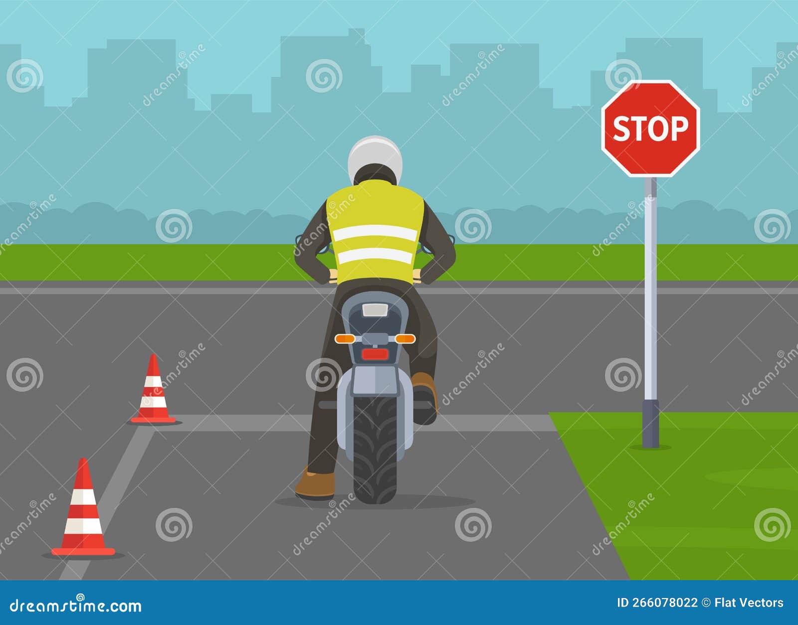 Learner Motorcyclist Stopped at `Stop` Sign. Back View. Junction Road ...