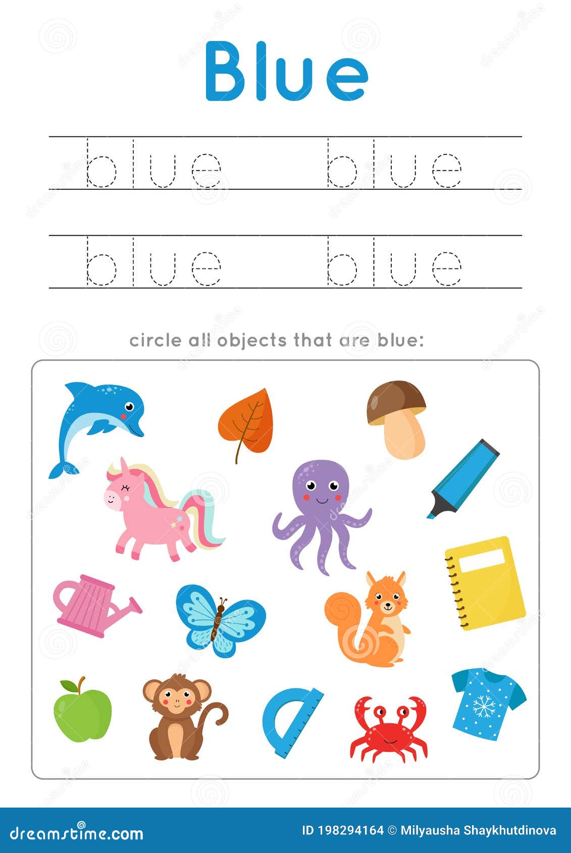 Learning Blue Color for Preschool Kids. Writing Practice. Stock Vector ...