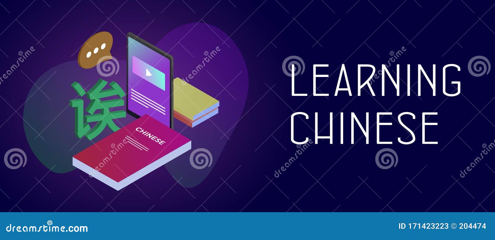 Learning Chinese Language Vector Banner Concept Illustration. Tablet PC ...