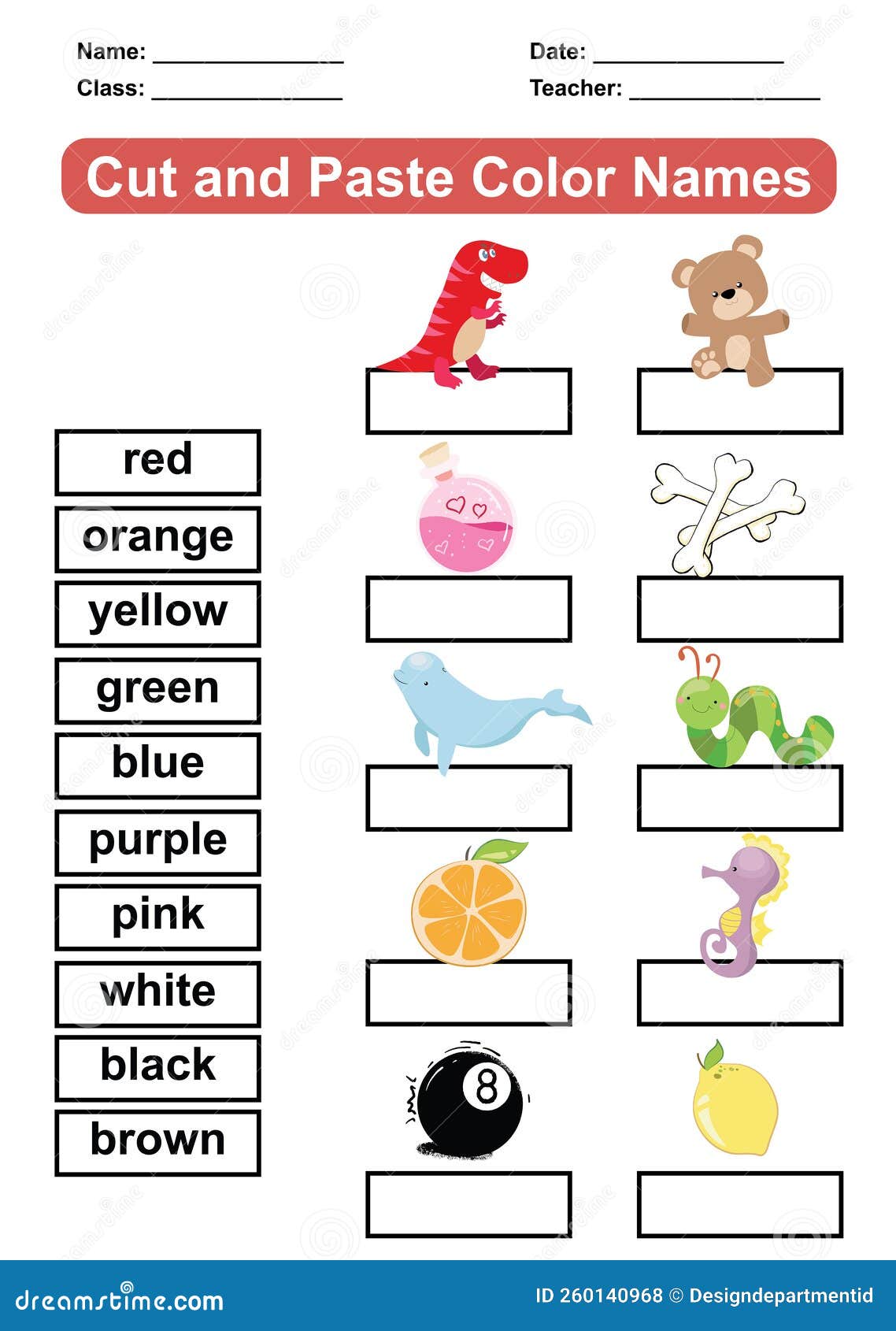 Cut And Paste The Color Names. Worksheet For Children To Recognize The ...