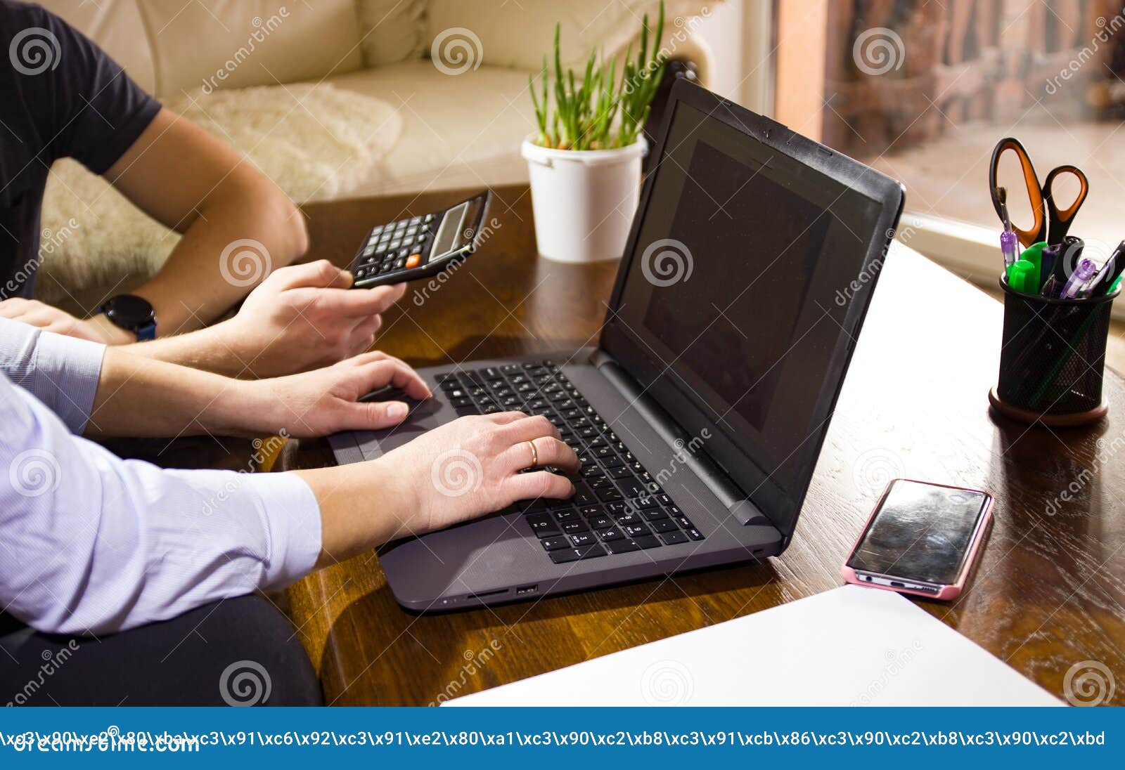 Learning at the Computer and with a Calculator Stock Image - Image of ...